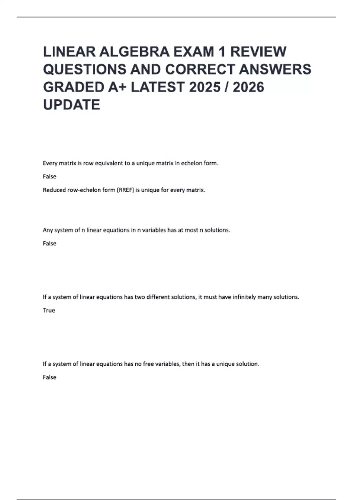 LINEAR ALGEBRA EXAM 1 REVIEW (Latest 2025 / 2026 Update), Questions ...