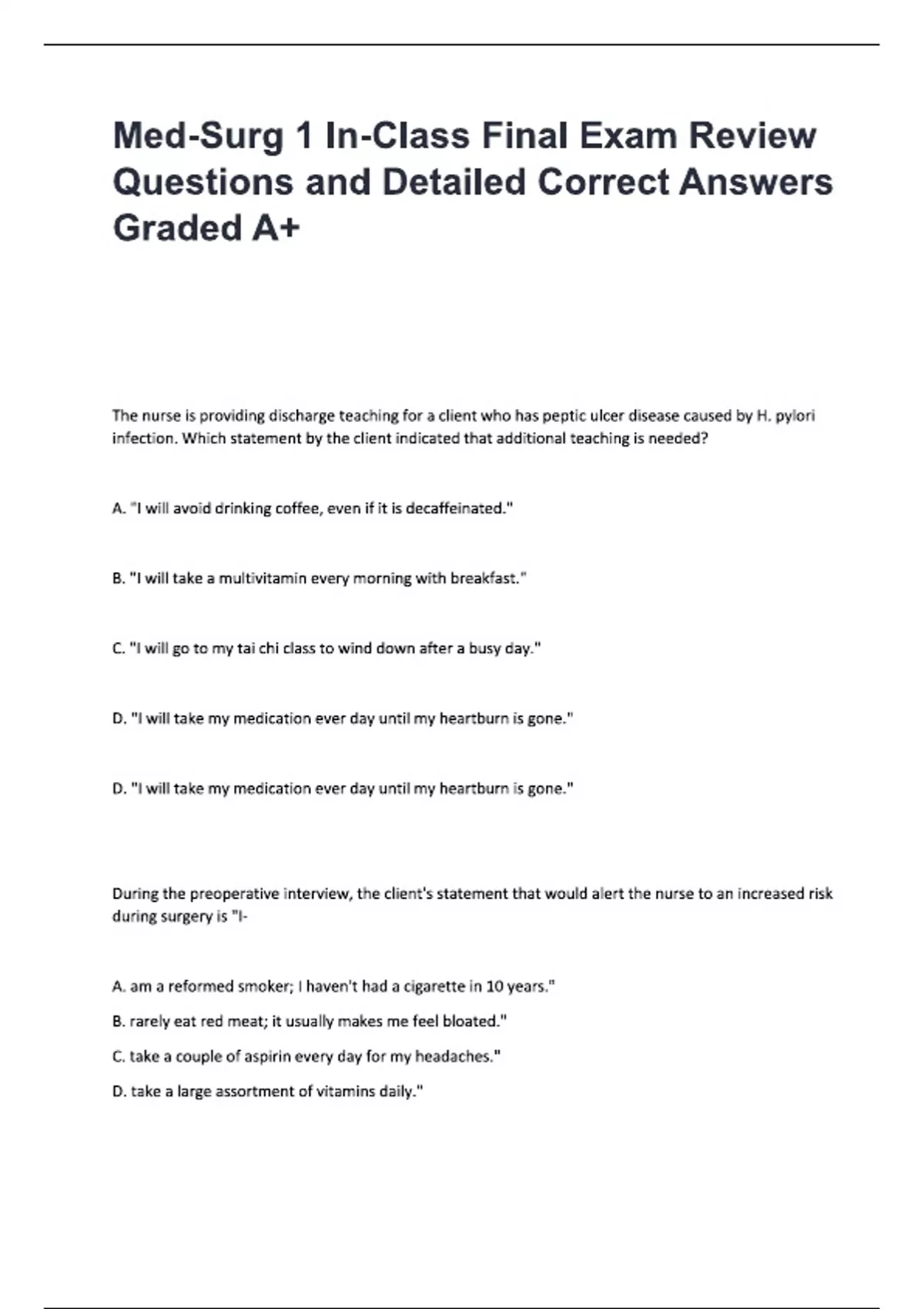 Med-Surg 1 In-Class Final Exam (Latest 2025 / 2026 Update), Questions ...