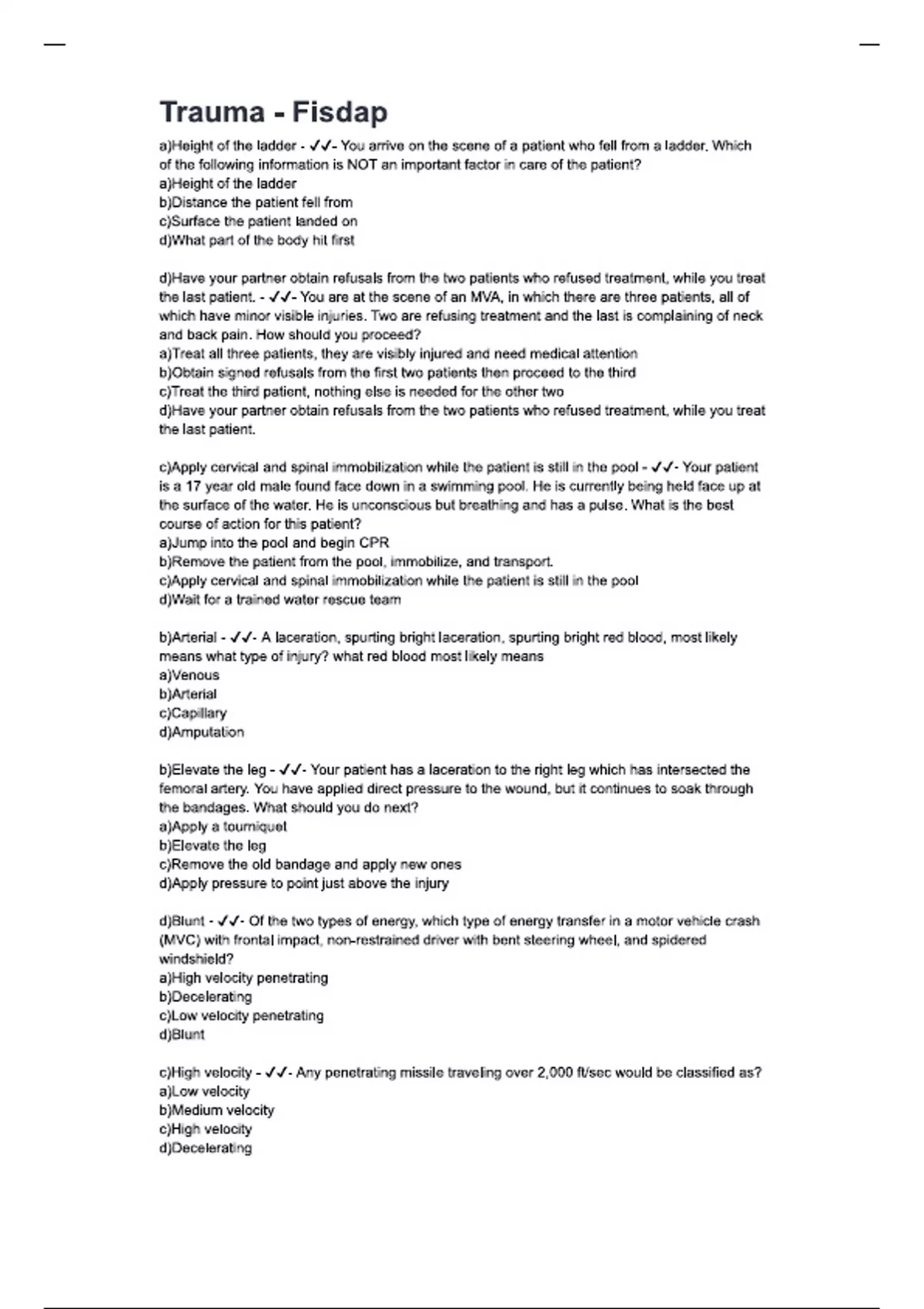 Trauma - Fisdap (2025 / 2026) Questions and VERIFIED answers, 100% CORRECT. - FISDAP BUNDLE ...