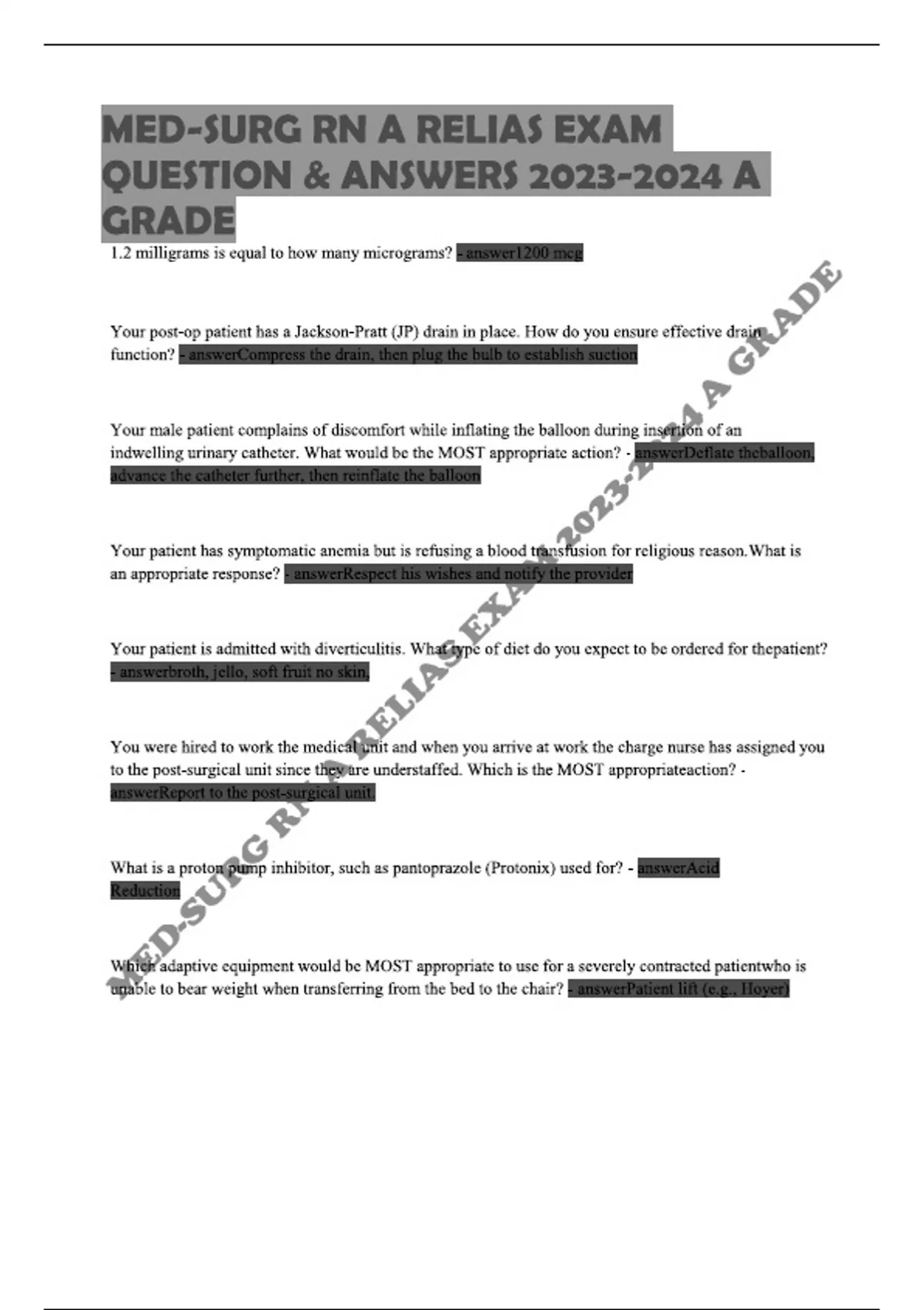 MED-SURG RN A RELIAS EXAM 2025: Key Questions & Answers (100% CORRECT ...