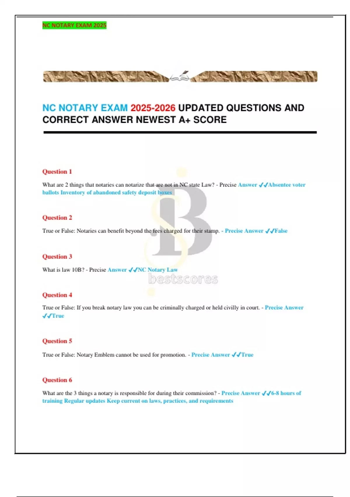 NC NOTARY EXAM UPDATED QUESTIONS AND CORRECT ANSWER NEWEST A+ SCORE ...