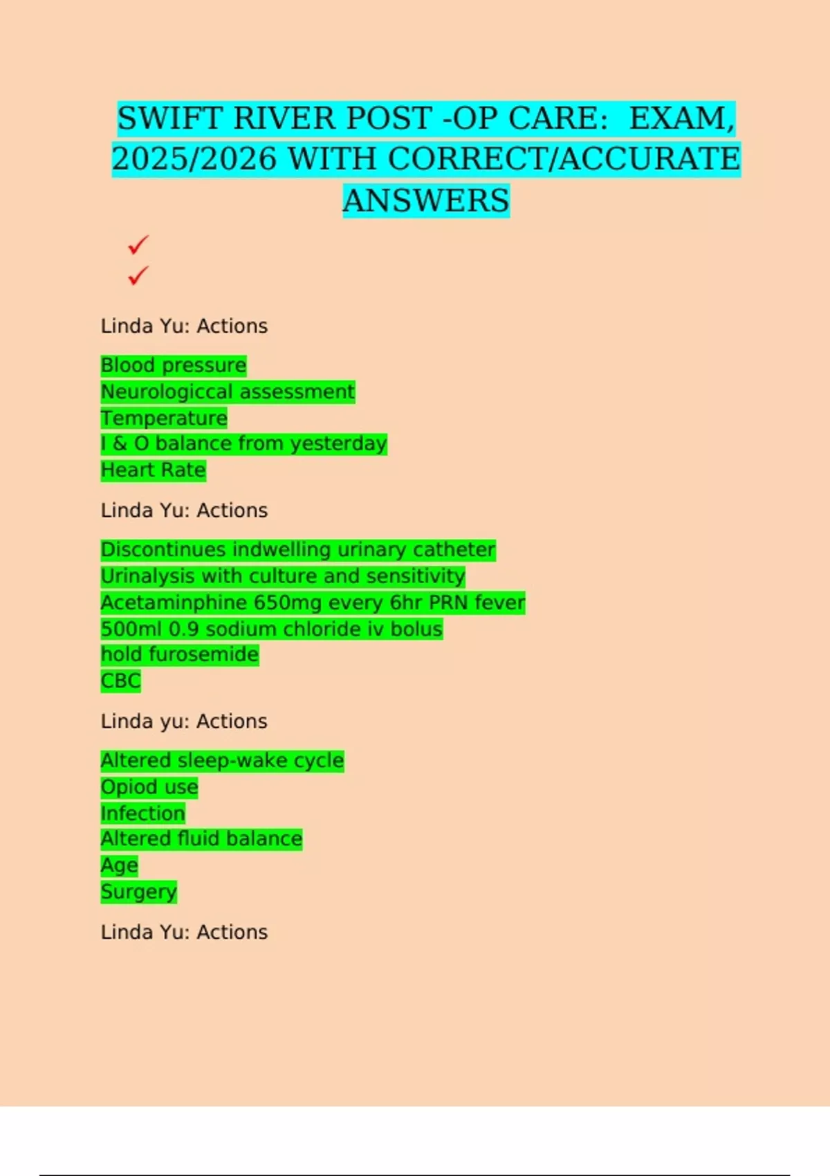 SWIFT RIVER POST -OP CARE: EXAM, 2025/2026 WITH CORRECT/ACCURATE ...