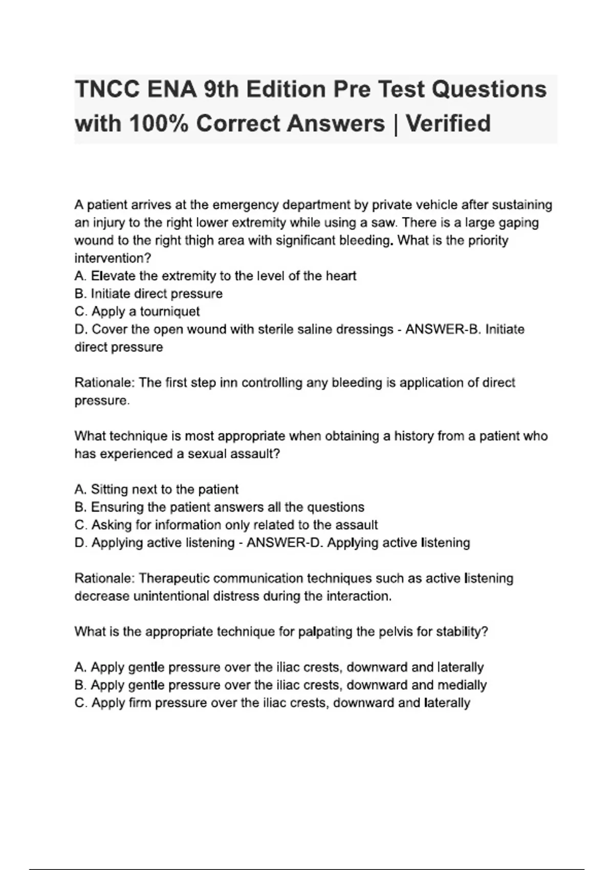 TNCC ENA 9th Edition Pre Test (2025 / 2026) Updated Questions and ...