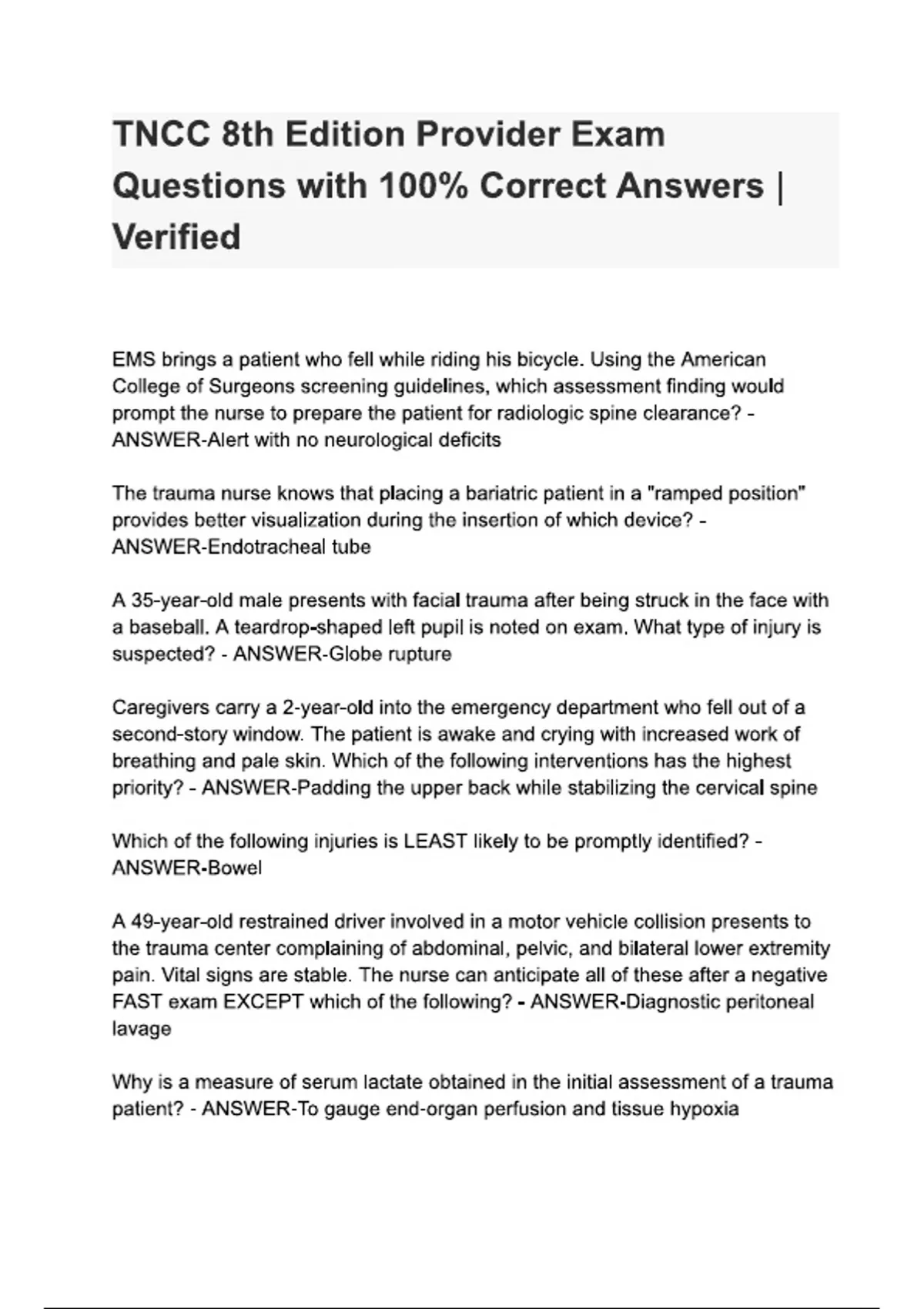 TNCC 8th Edition Provider Exam (2025 / 2026) Updated Questions and Verified Answers, 100% ...