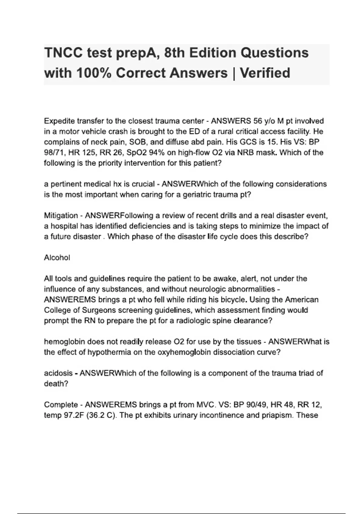 TNCC test prepA, 8th Edition (2025 / 2026) Updated Questions and ...