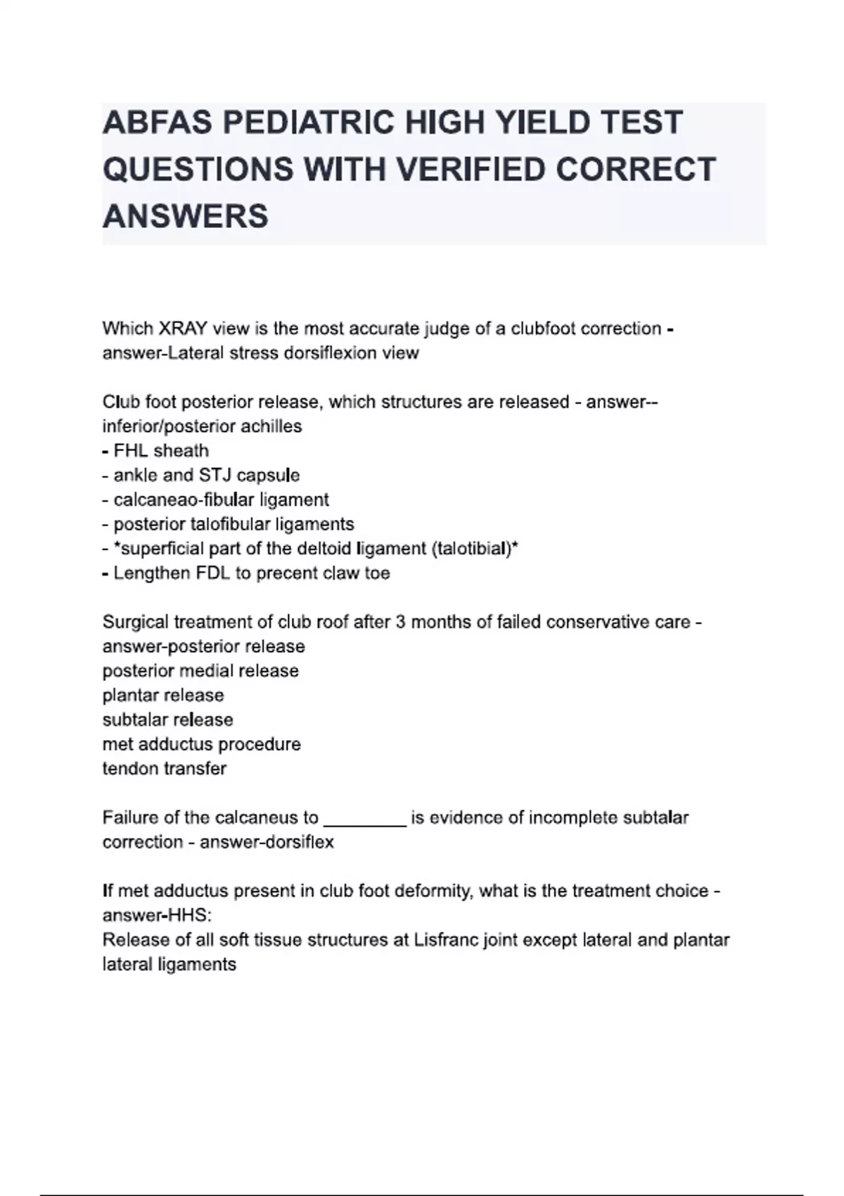 ABFAS PEDIATRIC HIGH YIELD TEST (Latest 2025 / 2026 Update) Questions ...