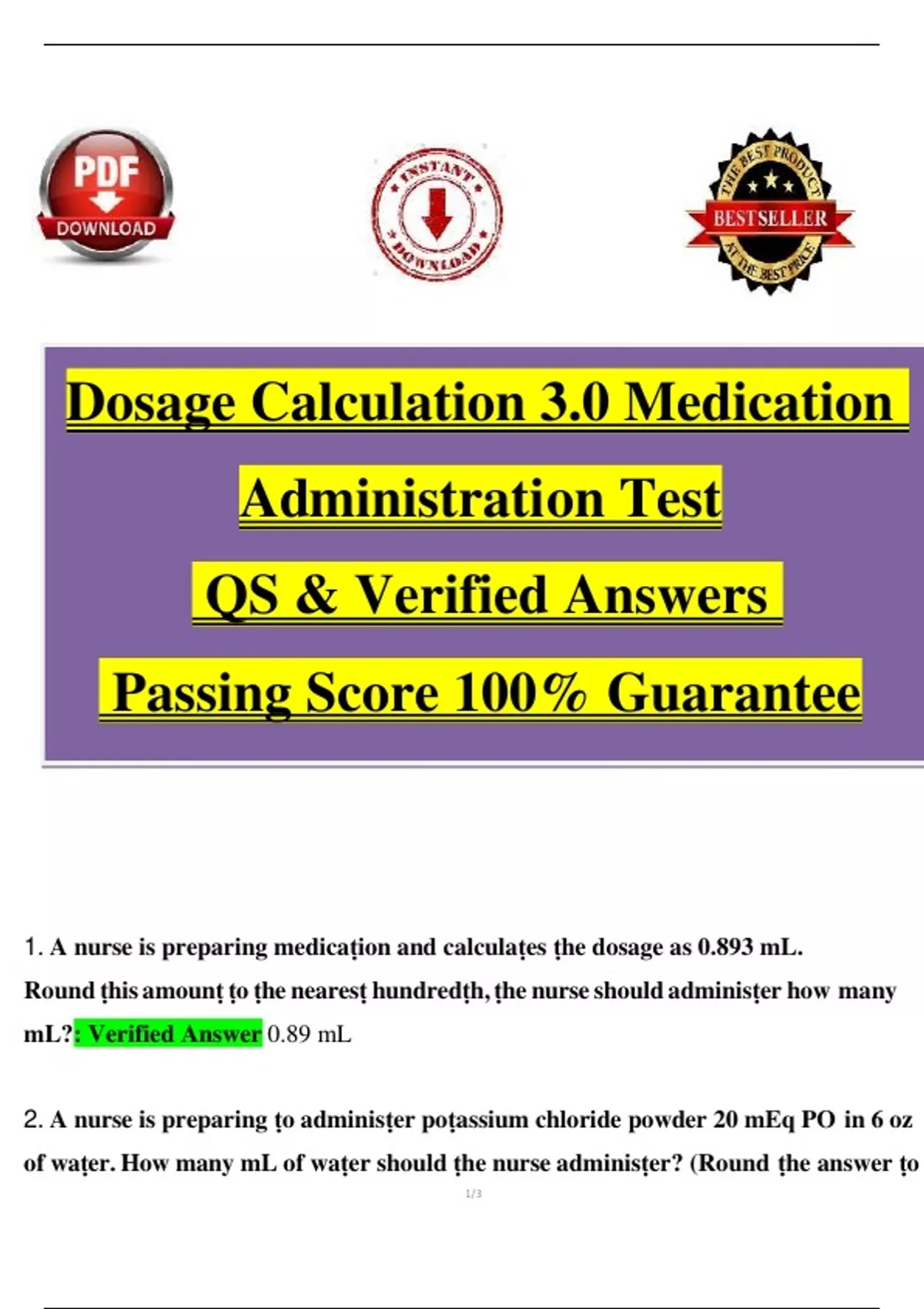 Dosage Calculation 3.0 Medication Administration Test QS & Verified ...