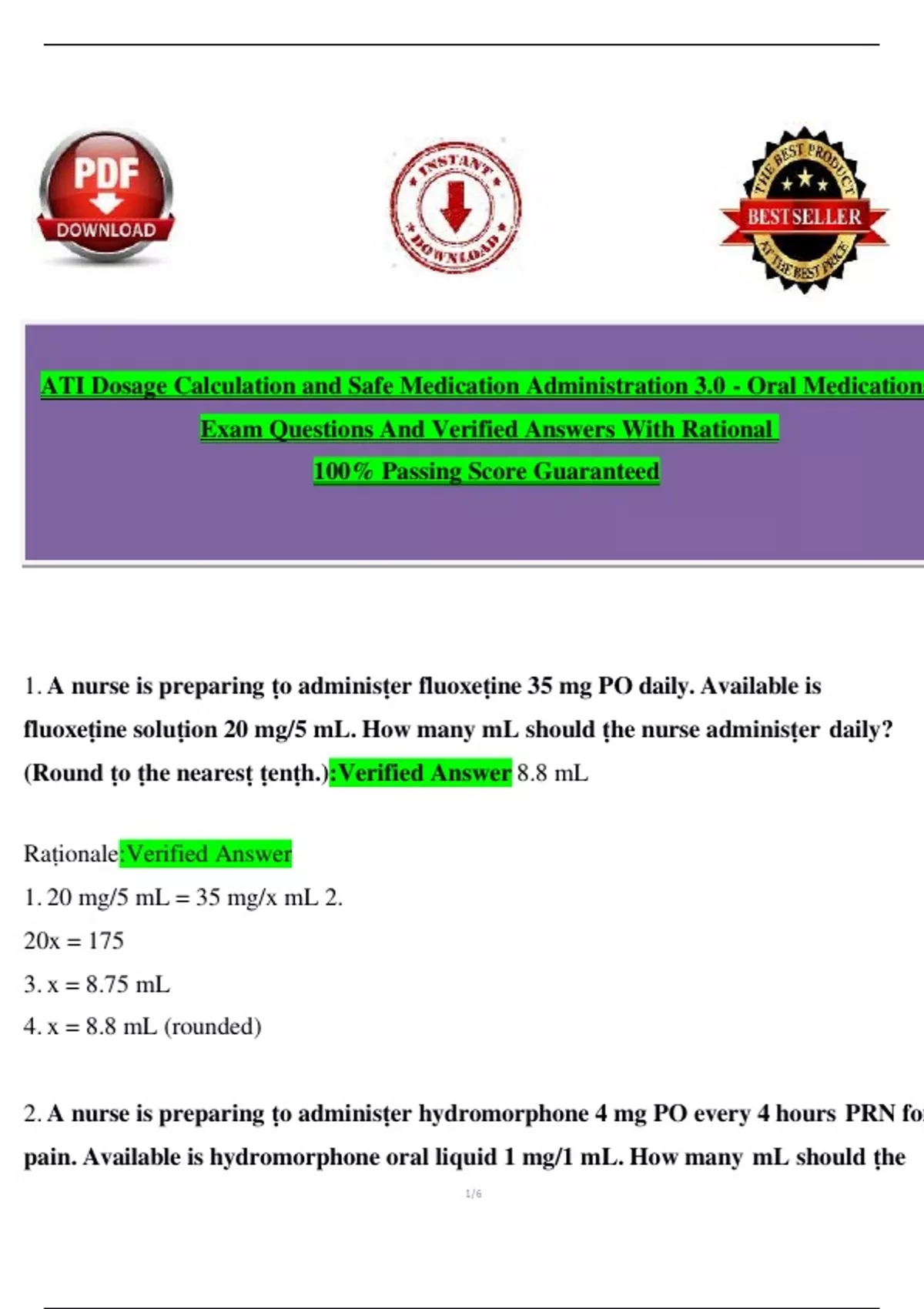 ATI Dosage Calculation and Safe Medication Administration 3.0 - Oral ...
