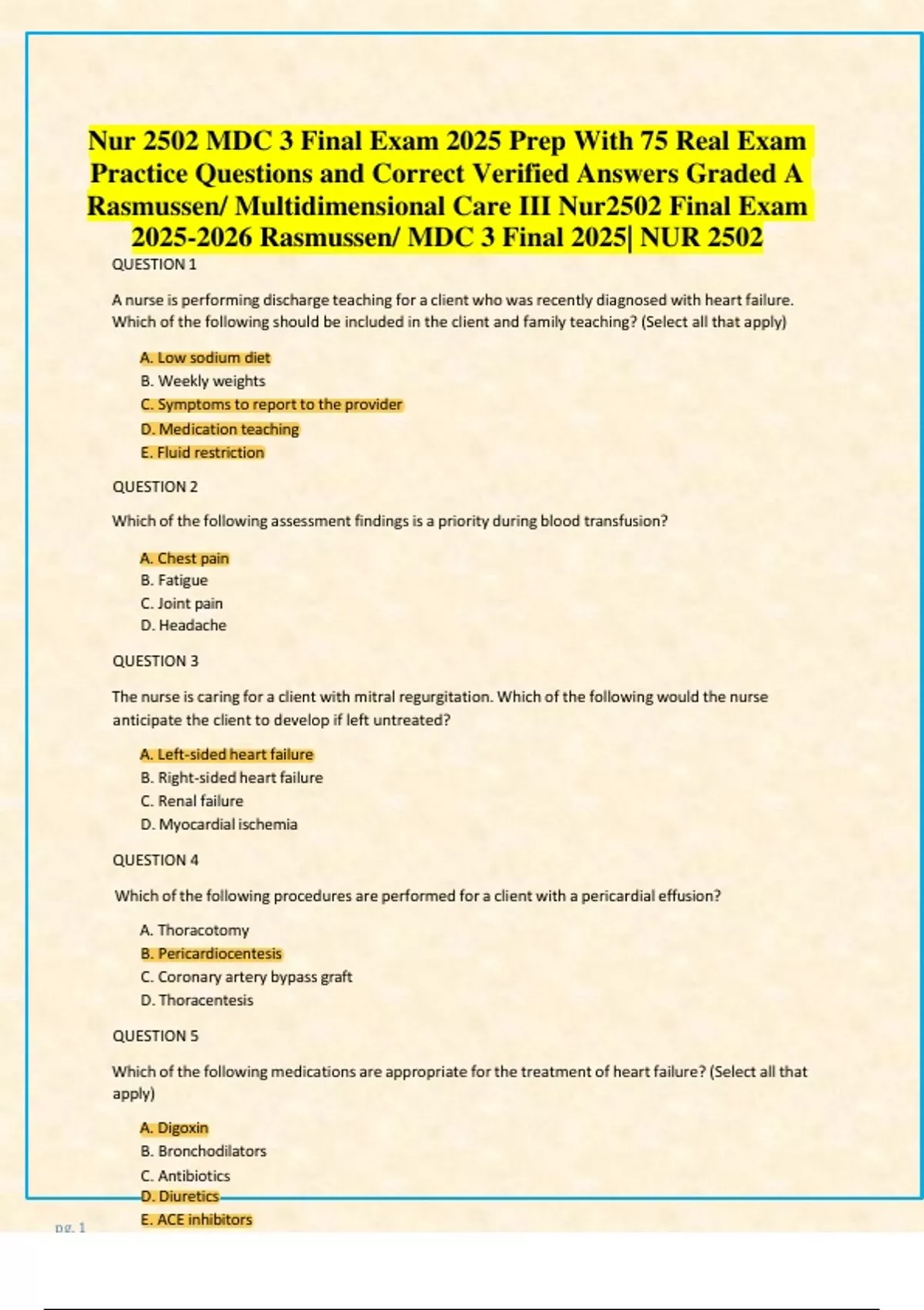 Nur 2502 MDC 3 Final Exam 2025 Prep With 75 Real Exam Practice ...