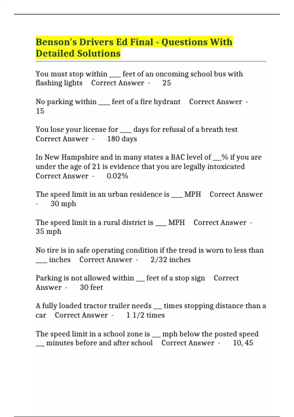 Benson's Drivers Ed Final - Questions With Detailed Solutions - BENSON ...