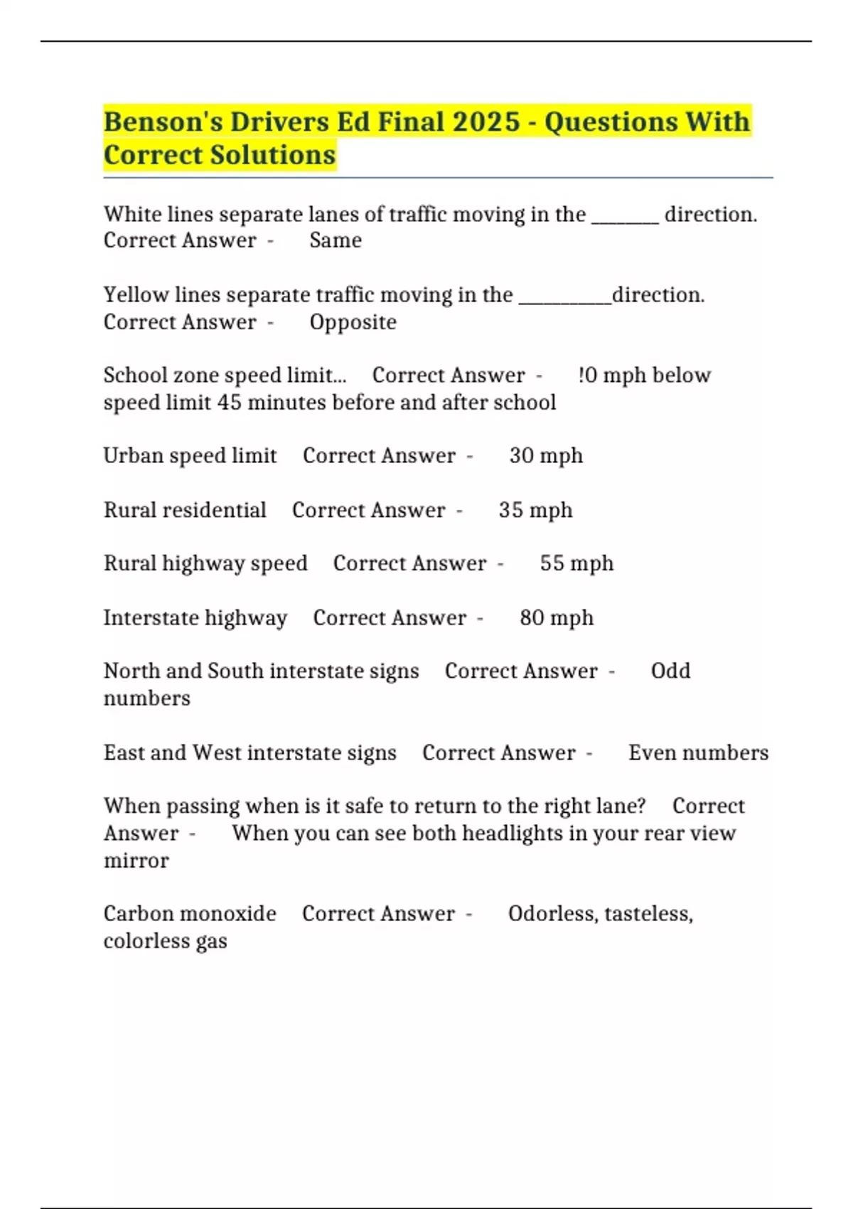 Benson's Drivers Ed Final 2025 - Questions With Correct Solutions ...