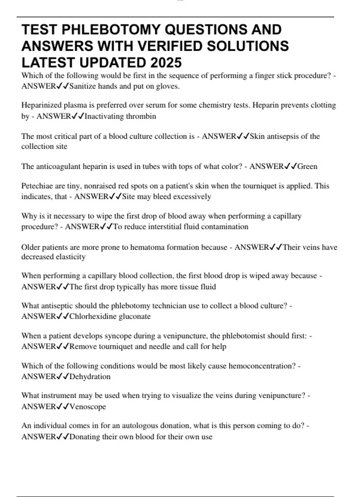 Phlebotomy Test Questions and Verified Solutions – Updated for 2025 ...