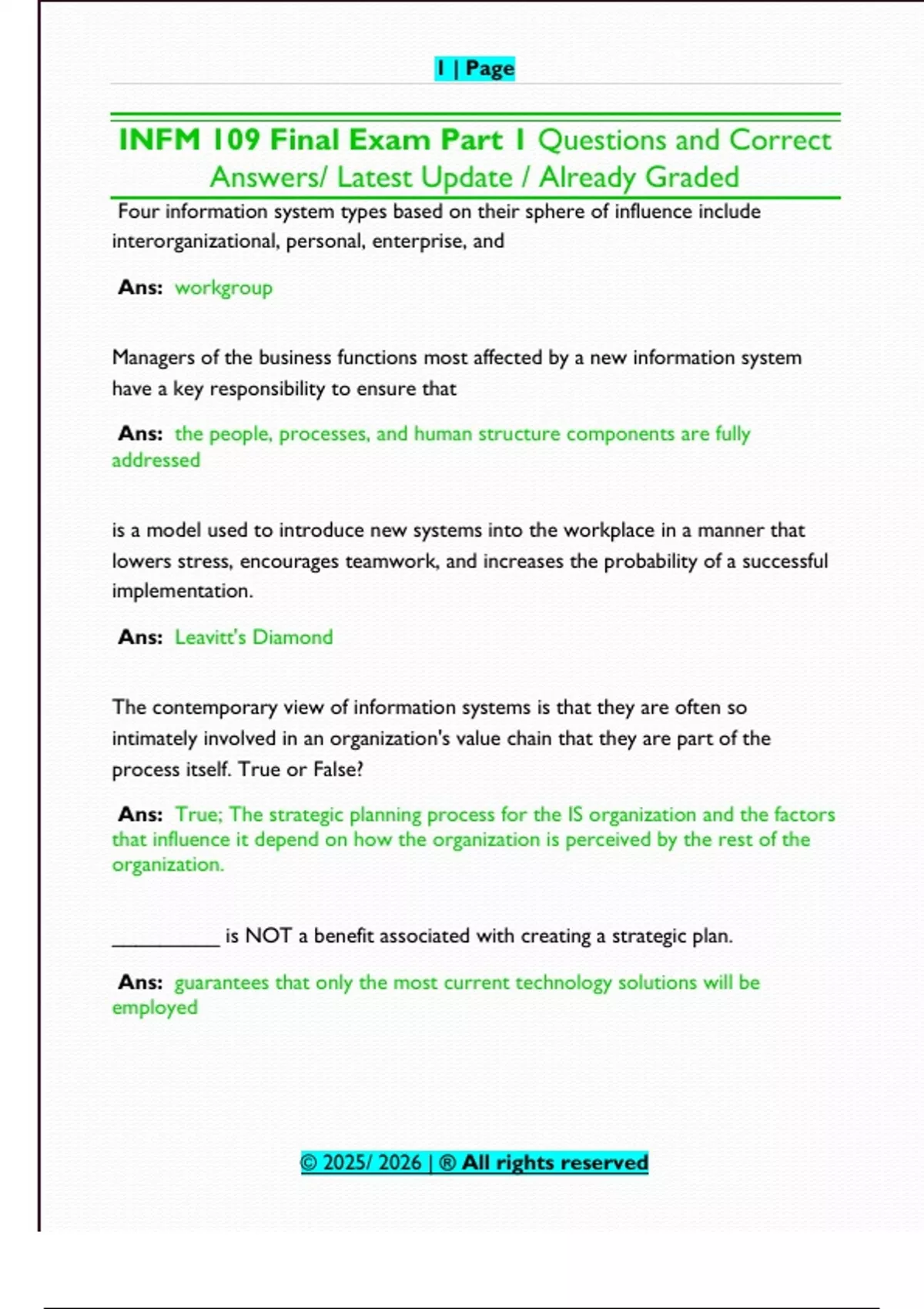 INFM 109 – Final Exam Part 1 Questions and Correct Answers | 2025/2026 | Strategic IS, Hardware ...