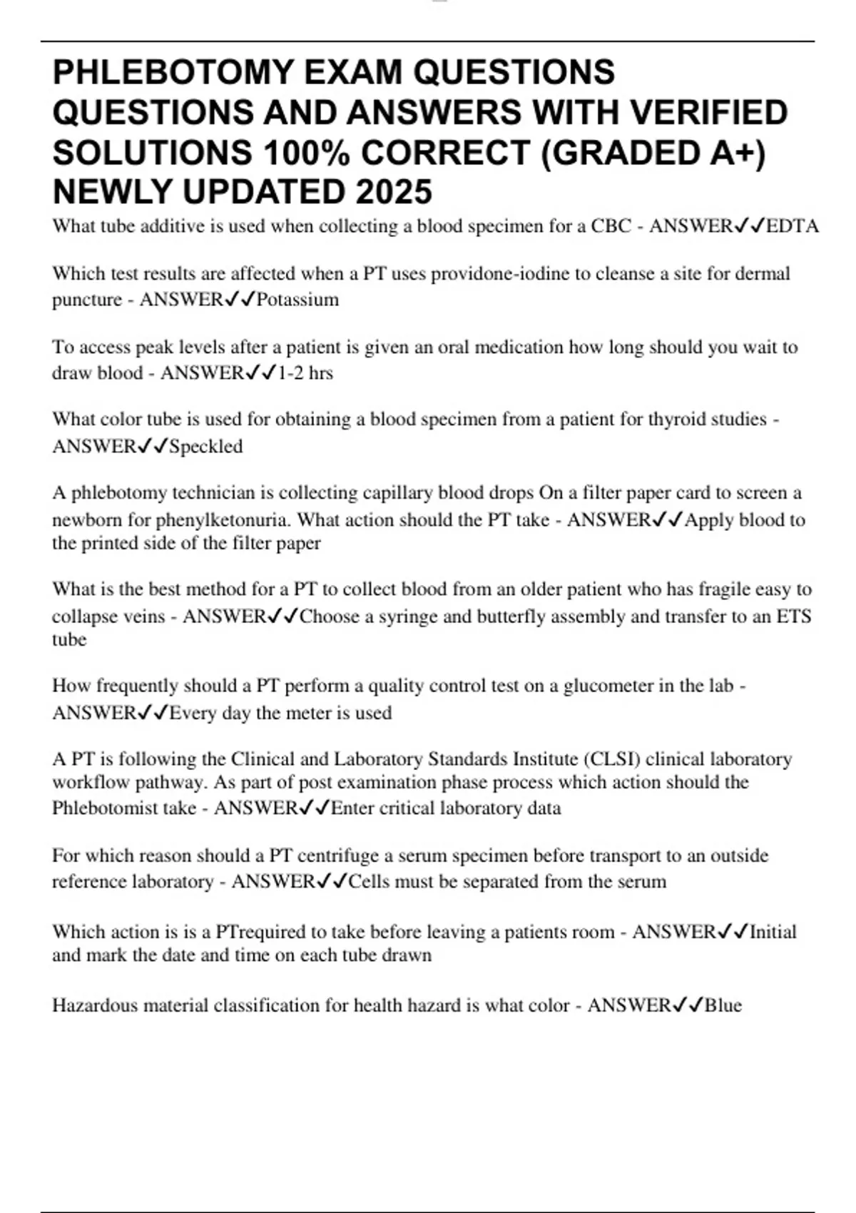 Phlebotomy Exam Questions and Verified Solutions (Graded A+) – Newly ...