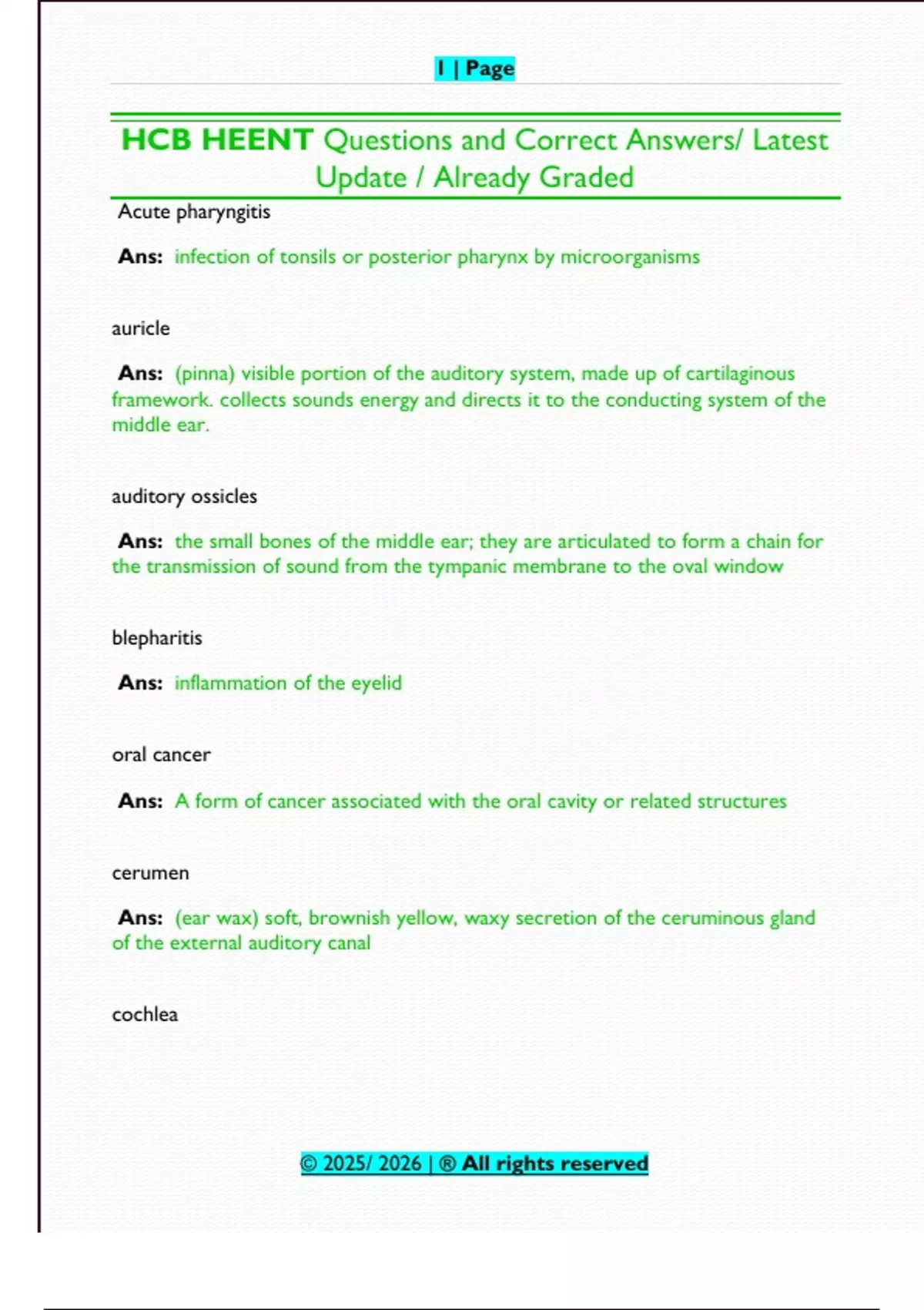 HCB – HEENT Questions and Correct Answers | 2025/2026 | Complete Study ...