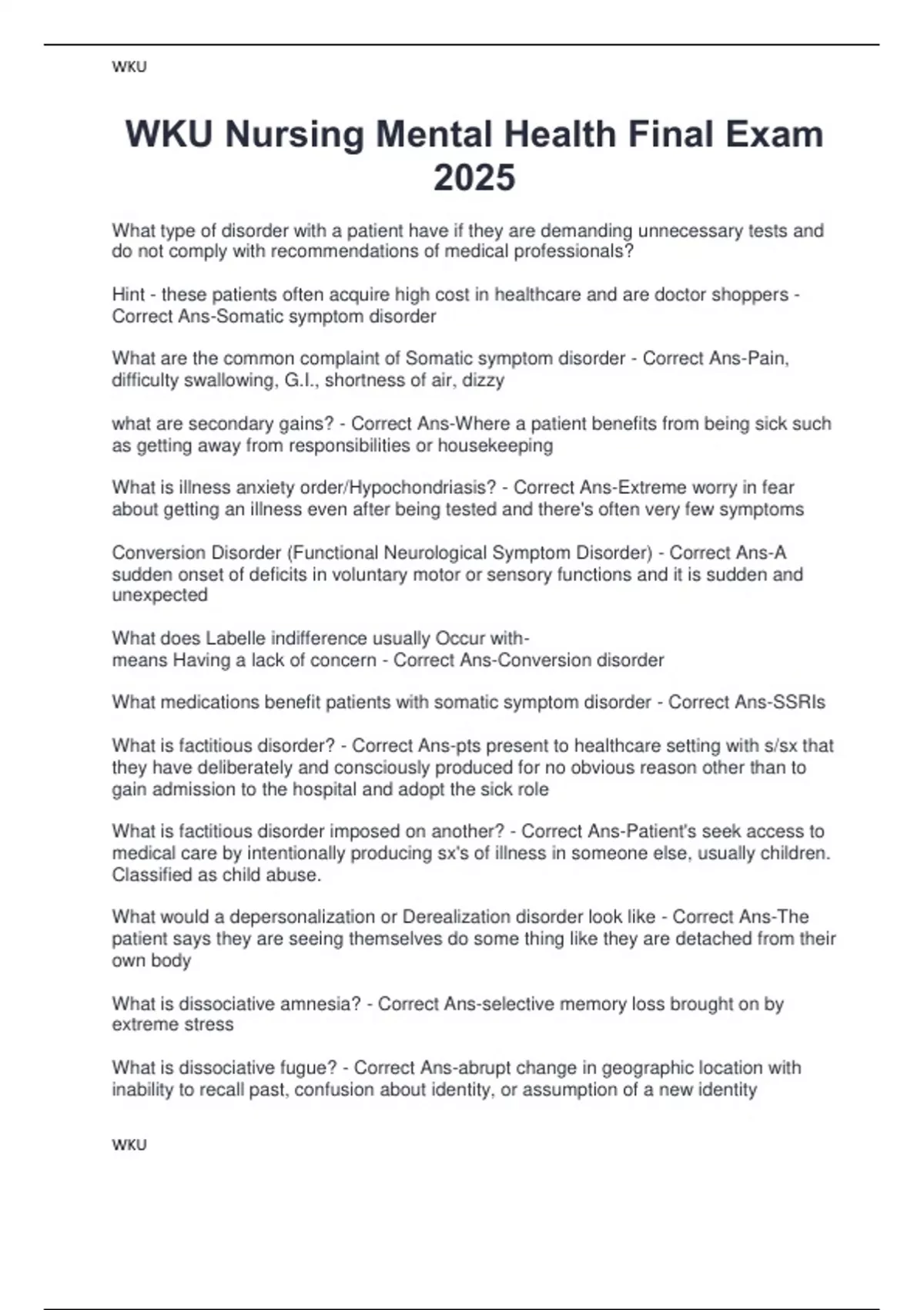 WKU Nursing Mental Health Final Exam 2025 - WKU nursing mental health ...