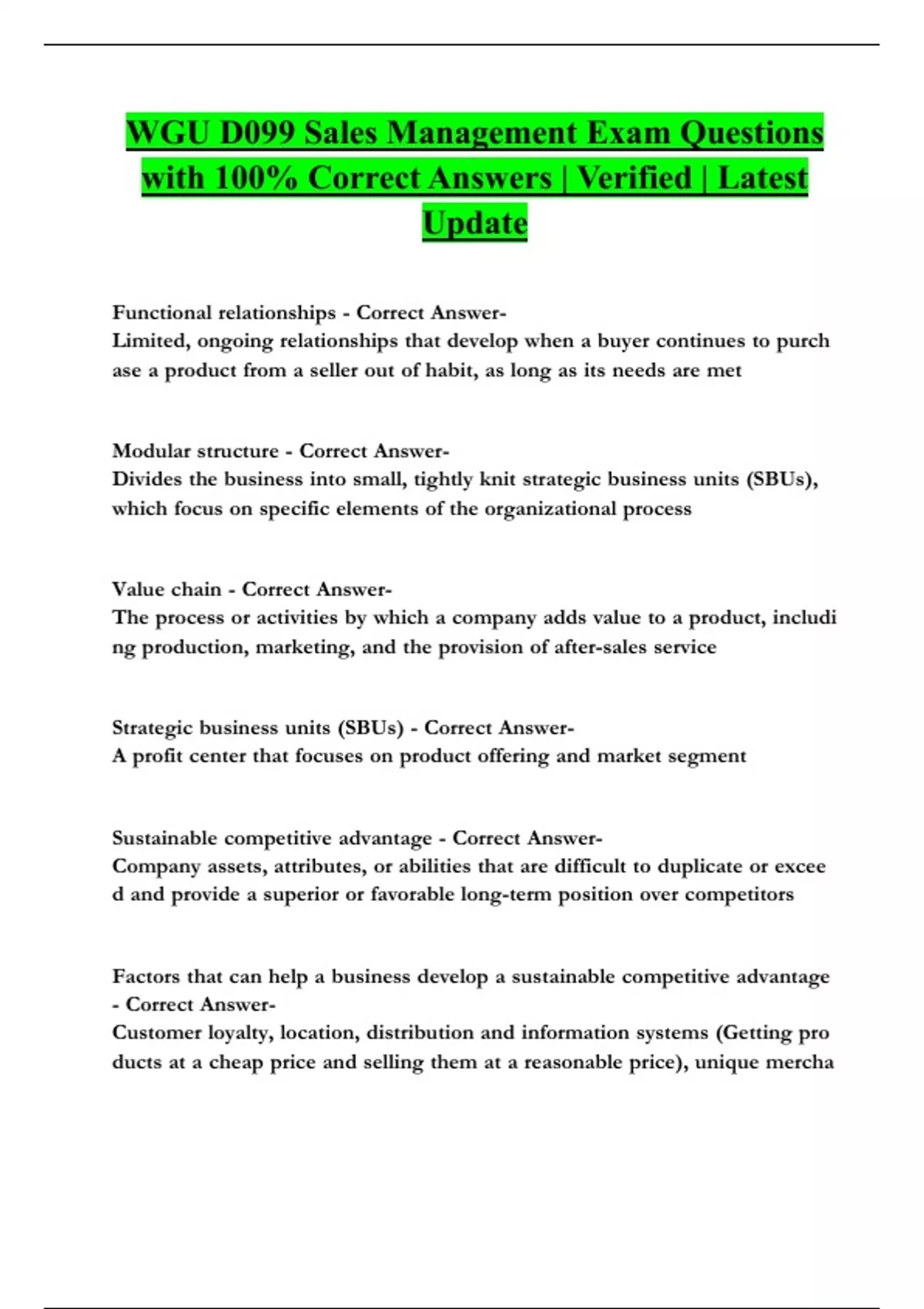 WGU D099 Sales Management Exam Questions with 100% Correct Answers ...