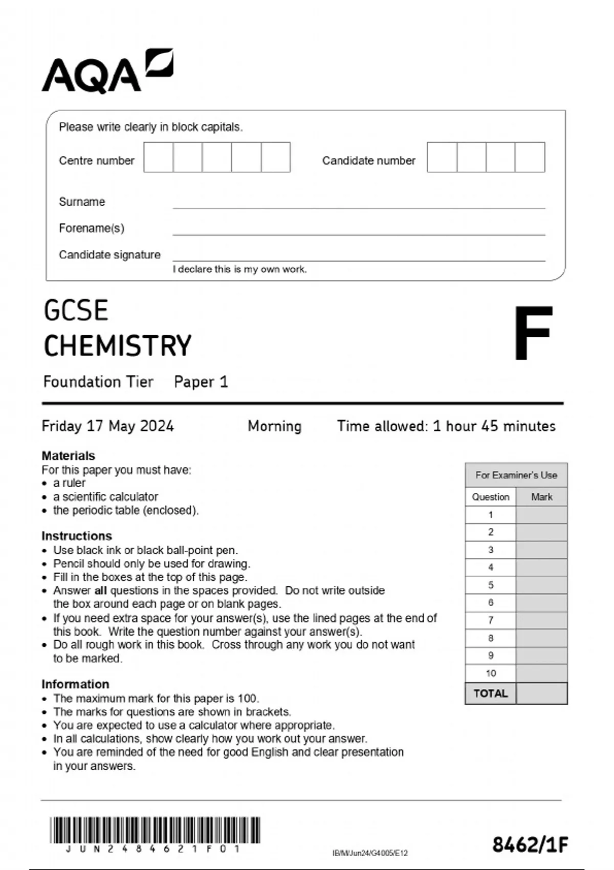 2024 AQA GCSE CHEMISTRY Foundation Tier Paper 1 Combined Question Paper ...