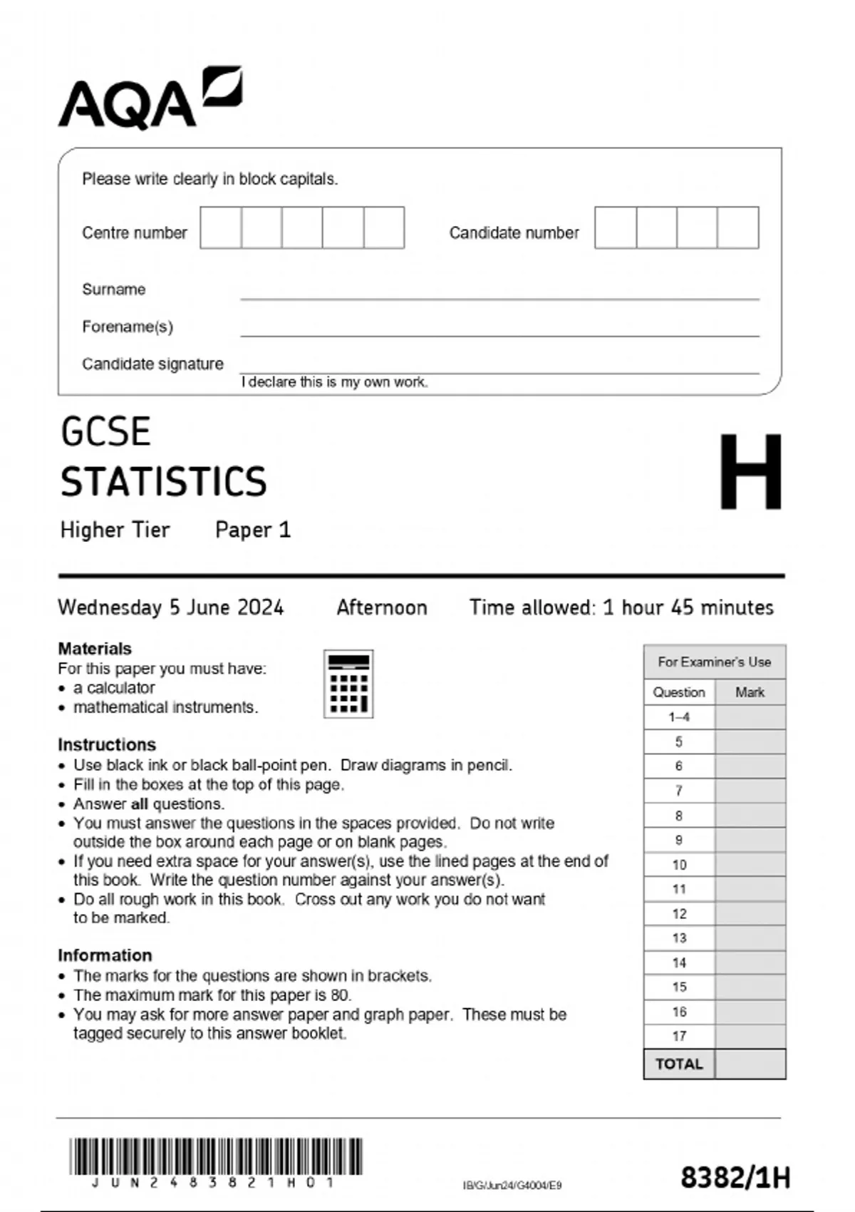 BUNDLE-::2024 AQA GCSE STATISTICS Higher Tier Paper 1&2 QUESTION PAPER ...