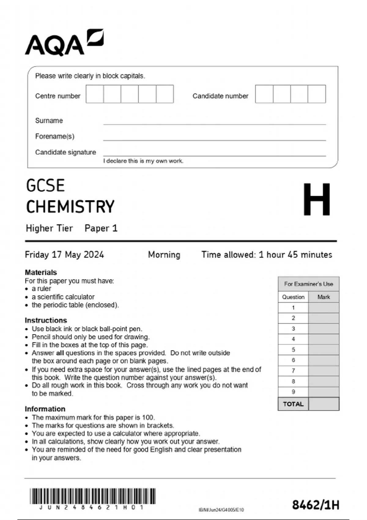 2024 AQA GCSE CHEMISTRY Higher Tier Paper 1 Combined Question Paper and ...