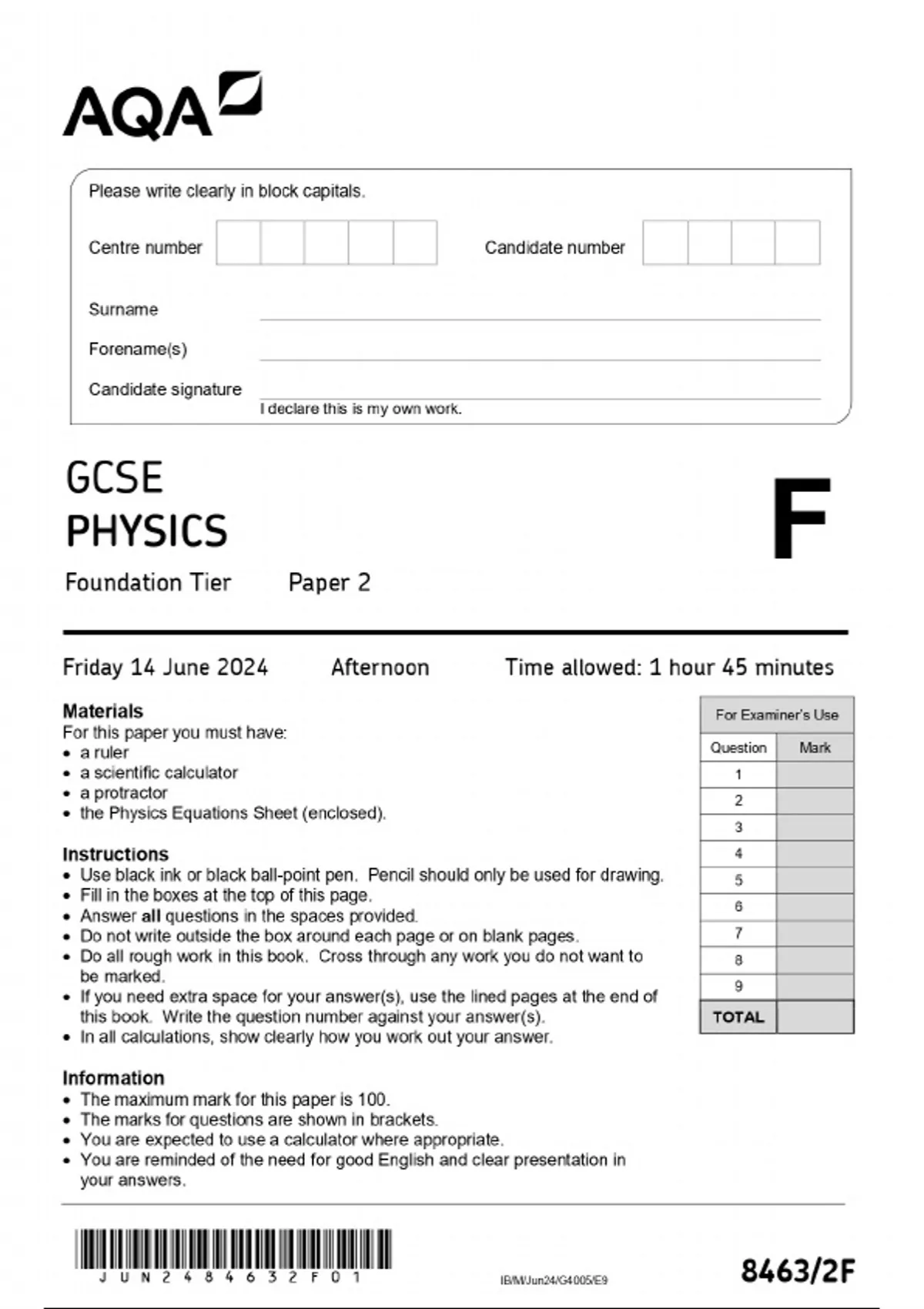 2024 AQA GCSE PHYSICS Foundation Tier Paper 2 Combined Question Paper ...