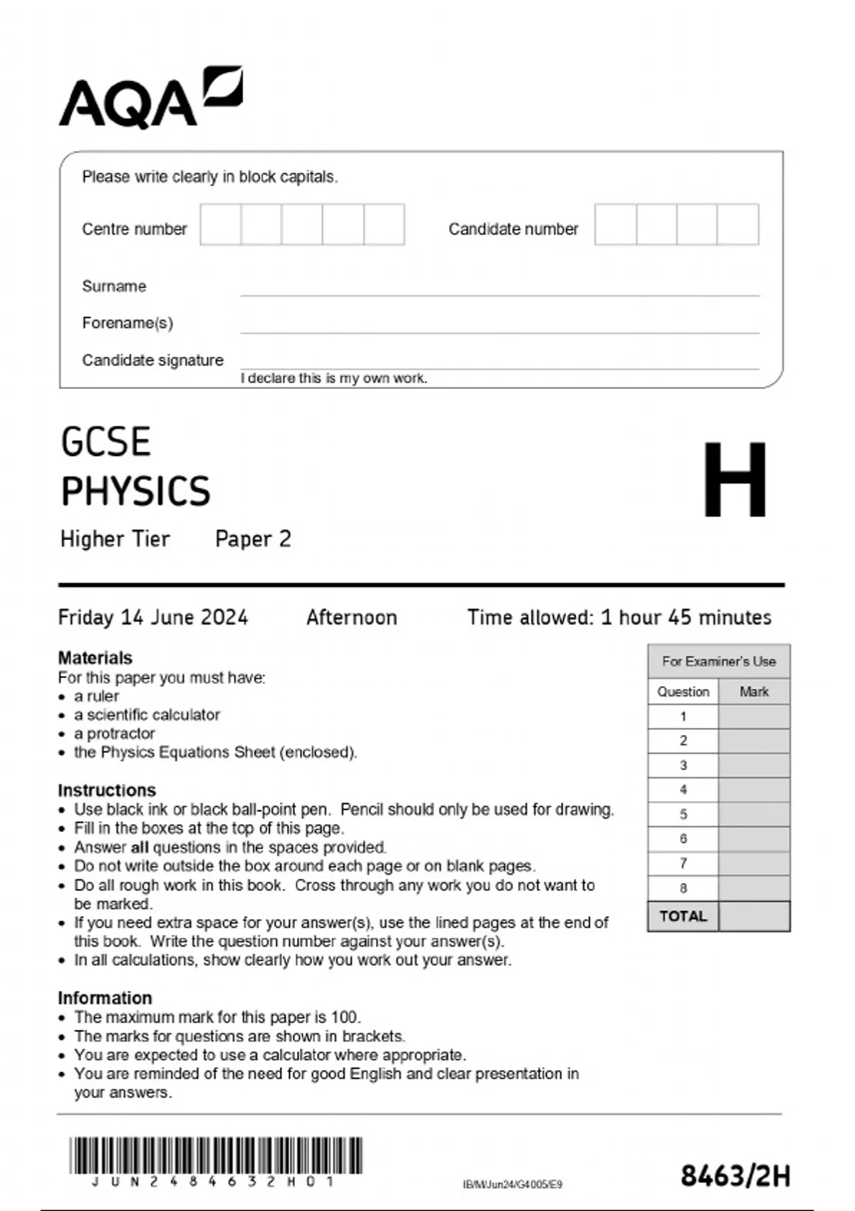 2024 AQA GCSE PHYSICS Higher Tier Paper 2 Combined Question Paper and ...
