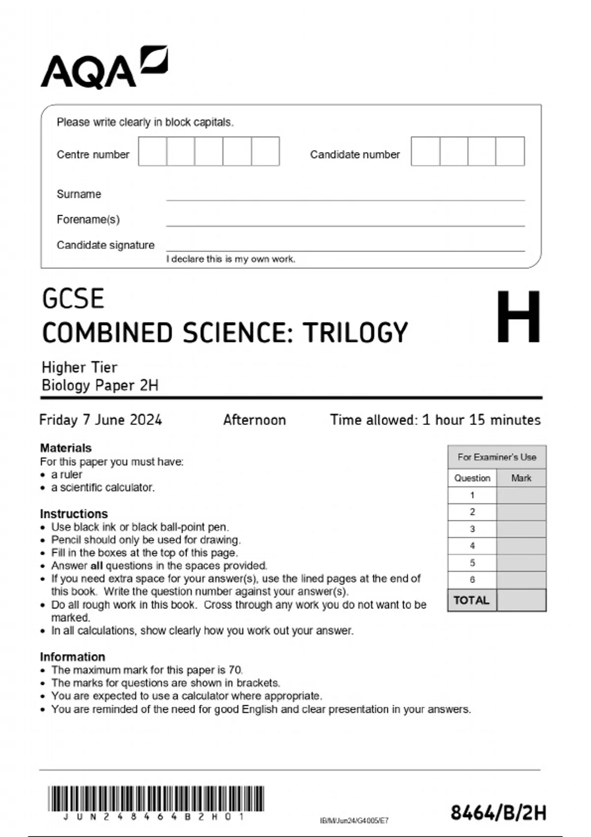 2024 AQA GCSE COMBINED SCIENCE: TRILOGY Higher Tier Biology Paper 2H ...