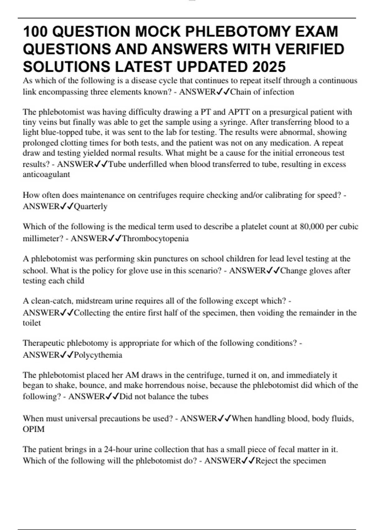100 Question Mock Phlebotomy Exam – Verified Answers for 2025 Clinical ...