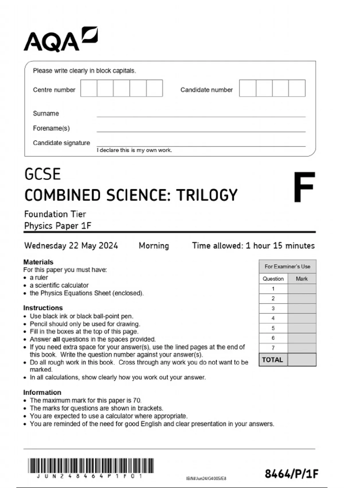 2024 AQA GCSE COMBINED SCIENCE: TRILOGY Foundation Tier Physics Paper ...
