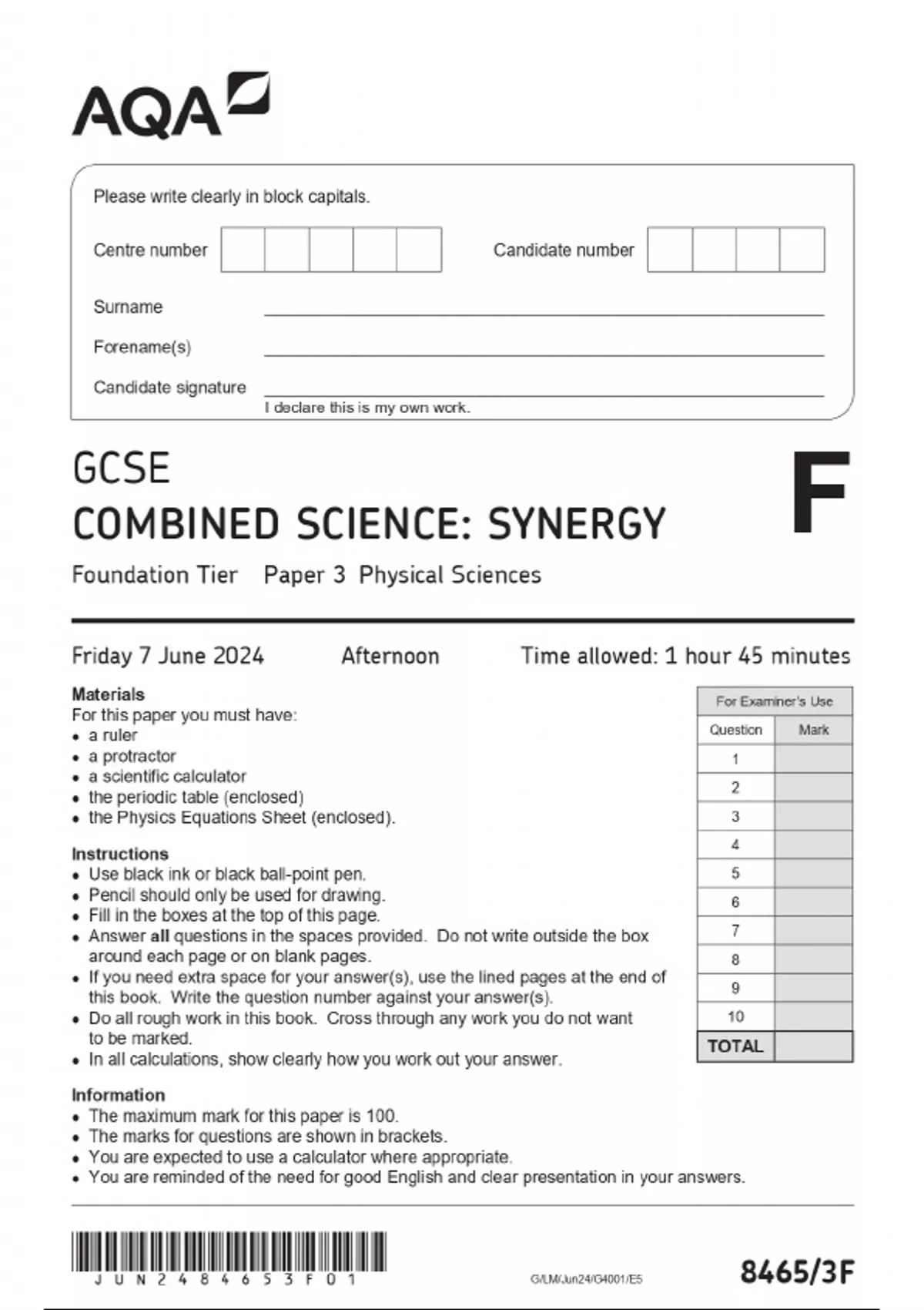 2024 AQA GCSE COMBINED SCIENCE: SYNERGY Foundation Tier Paper 3 ...