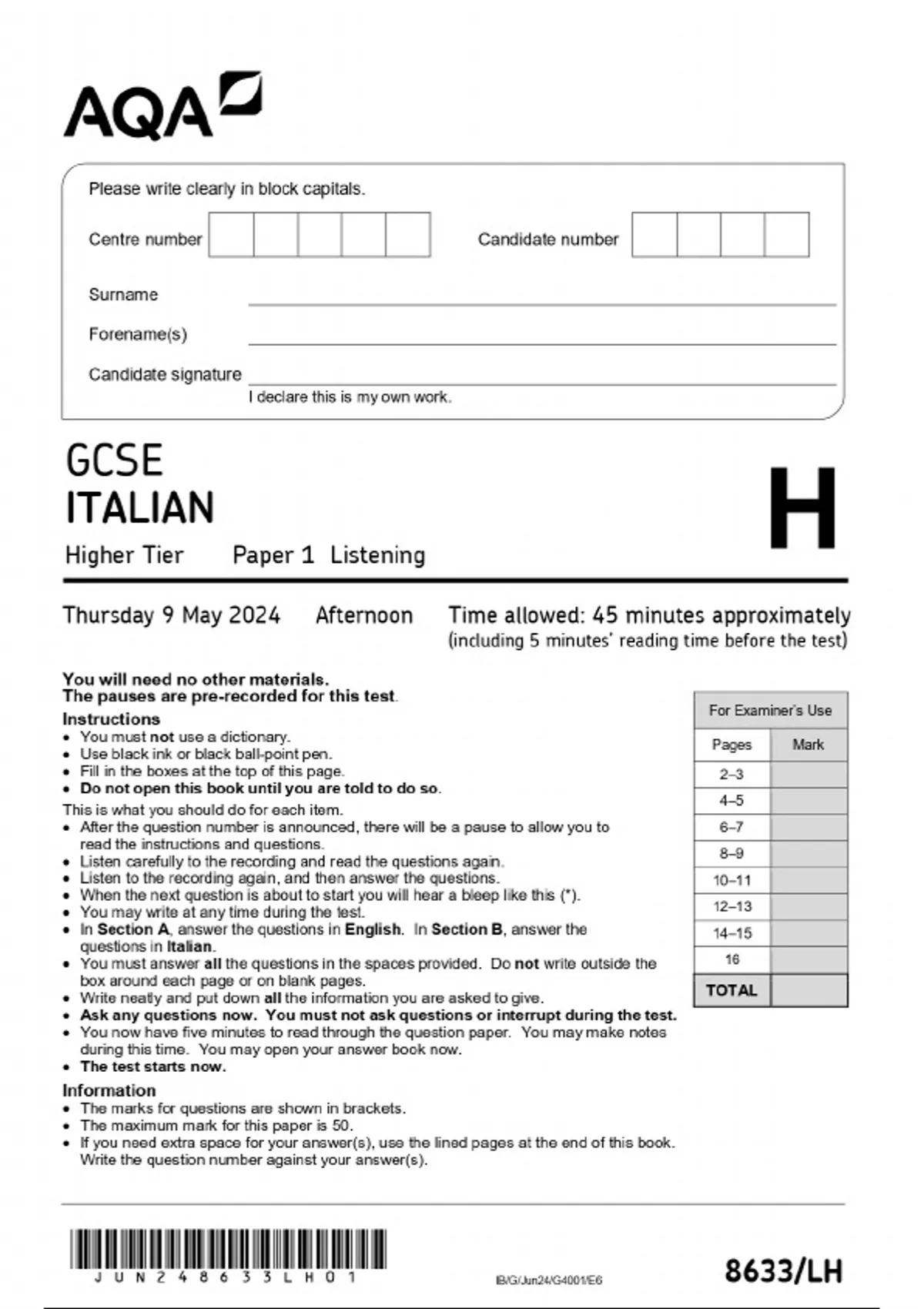 BUNDLE-::2024 AQA GCSE ITALIAN Higher Tier Paper QUESTION PAPER AND ...