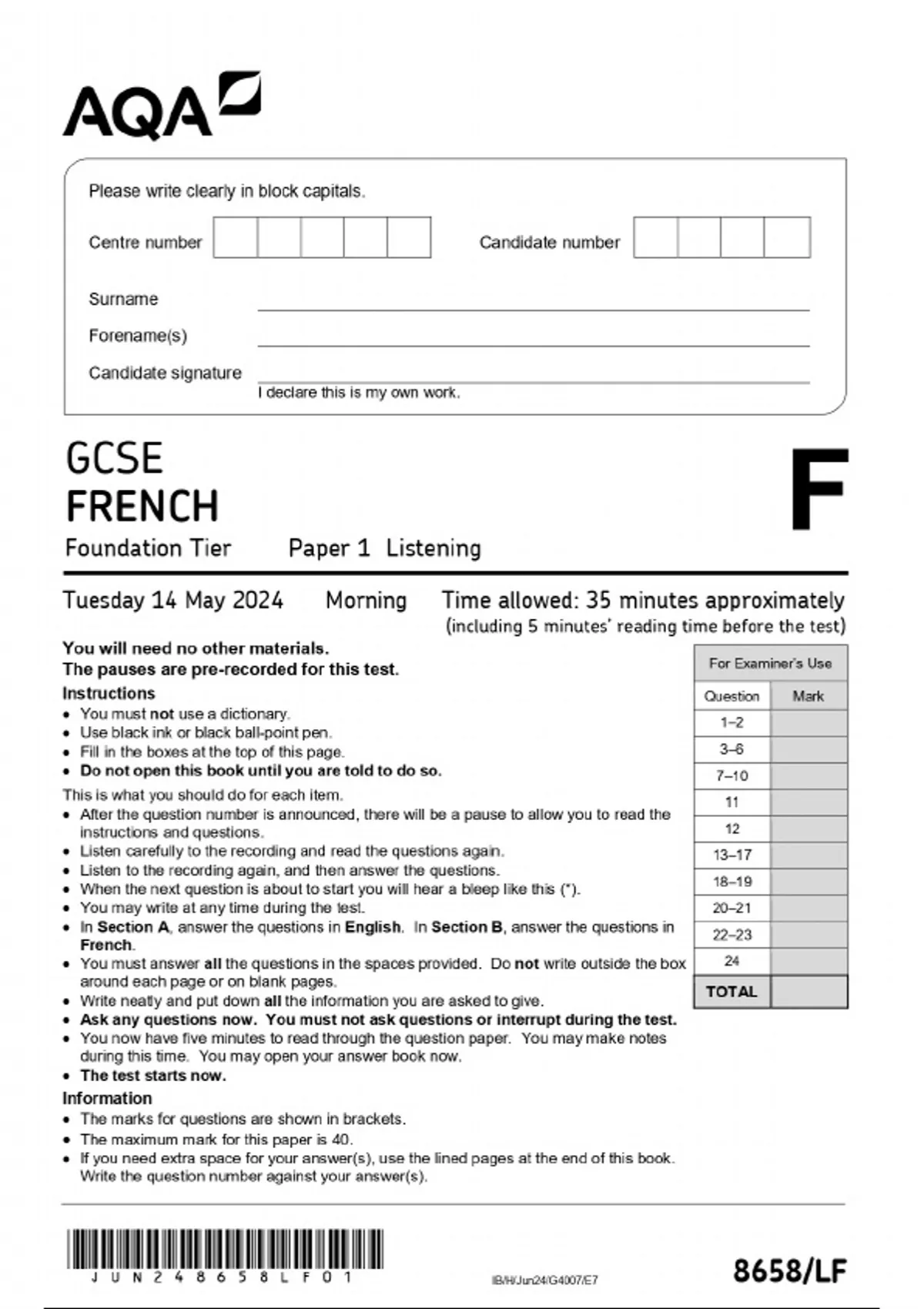 2024 AQA GCSE FRENCH Foundation Tier Paper 1 Listening Combined ...