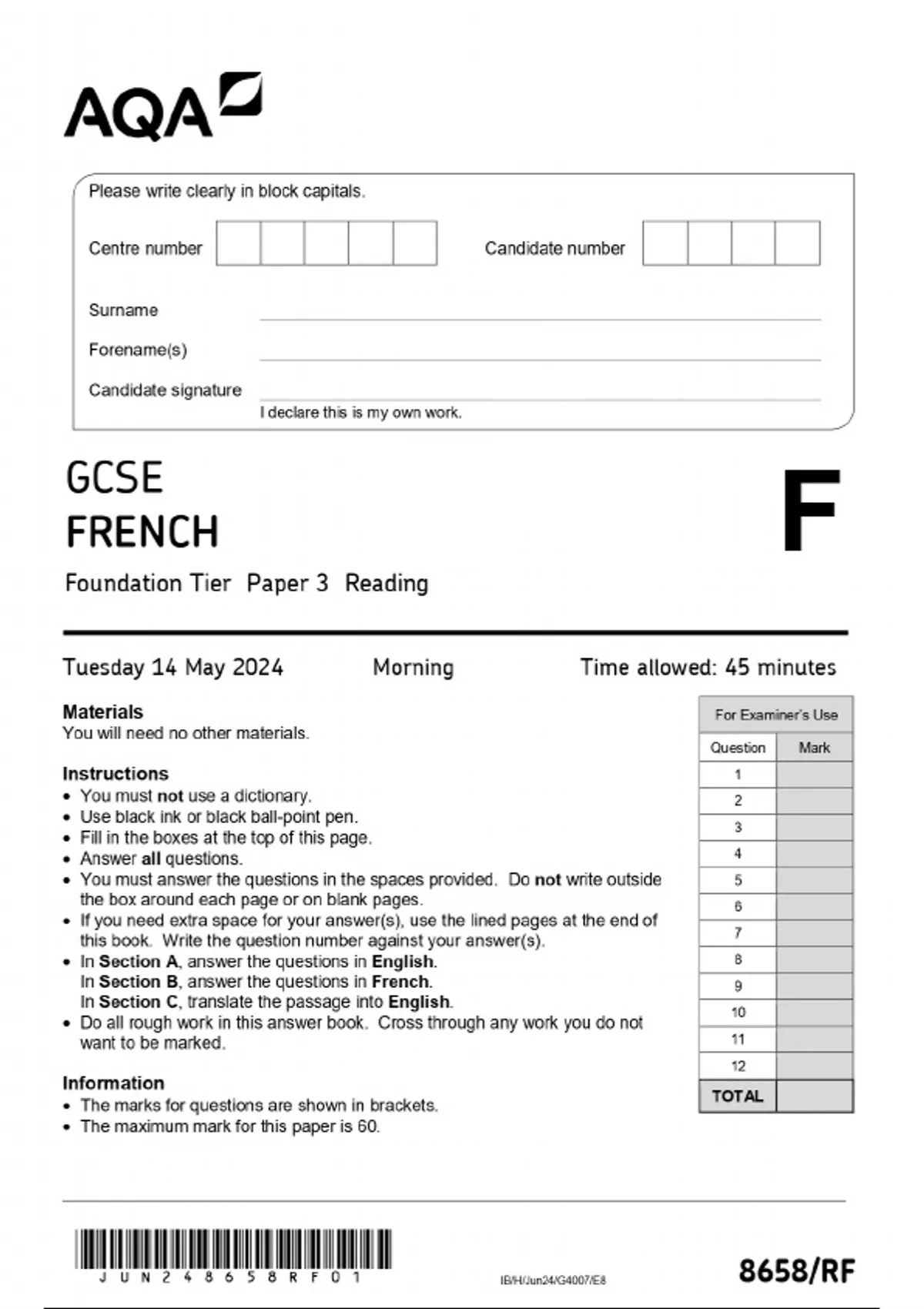 2024 AQA GCSE FRENCH Foundation Tier Paper 3 Reading Combined Question ...