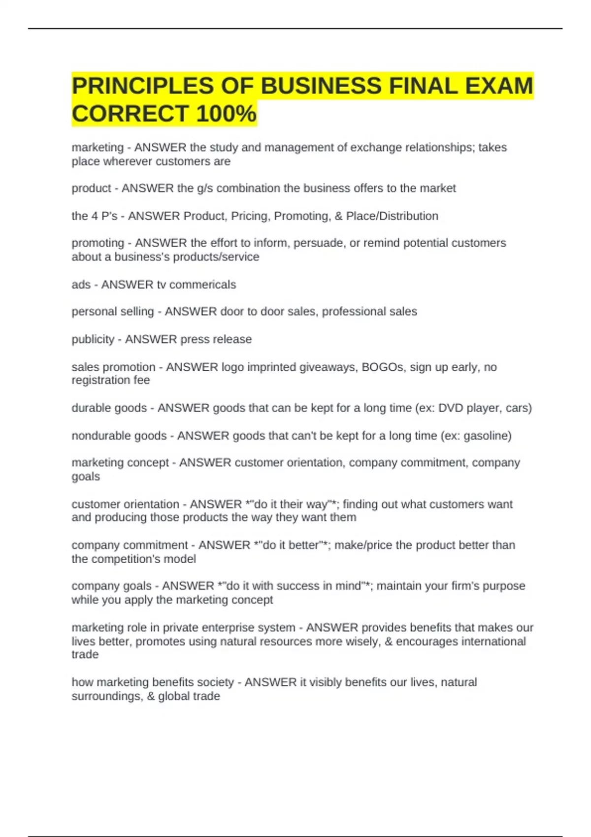 PRINCIPLES OF BUSINESS FINAL EXAM CORRECT 100% - PRINCIPLES OF BUSINESS ...