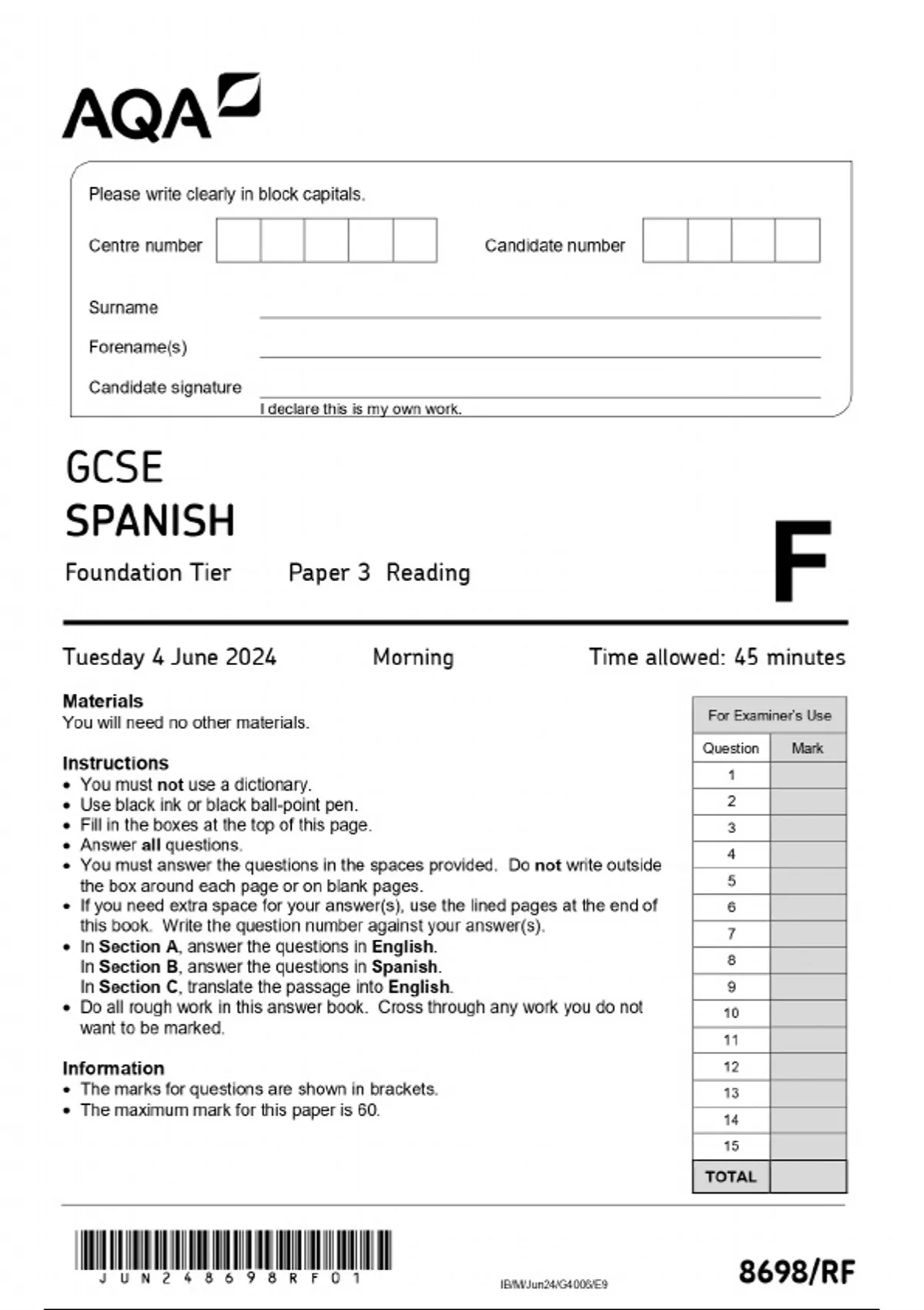 2024 AQA GCSE SPANISH Foundation Tier Paper 3 Reading Combined Question ...