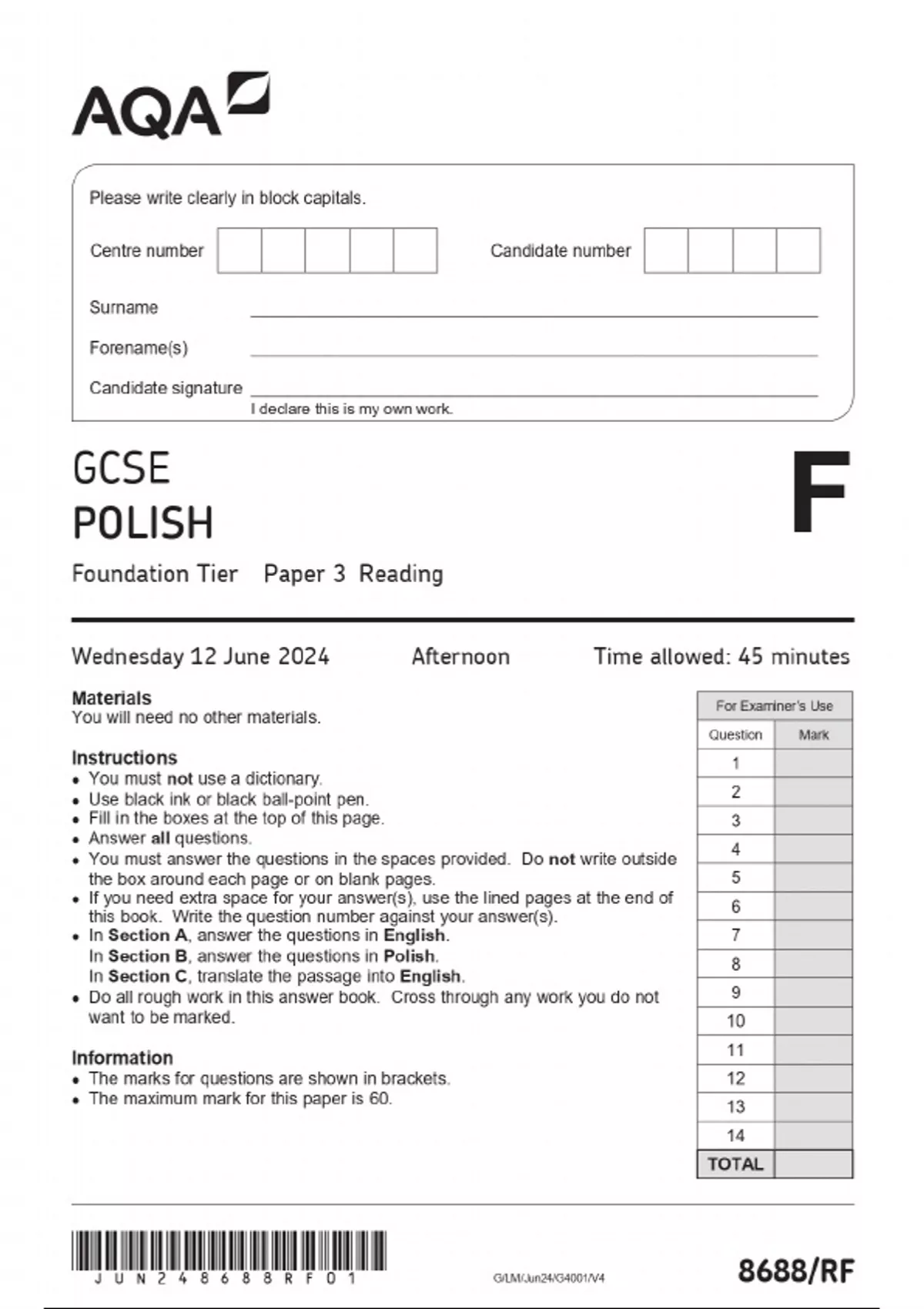 2024 AQA GCSE POLISH Foundation Tier Paper 3 Reading Combined Question ...