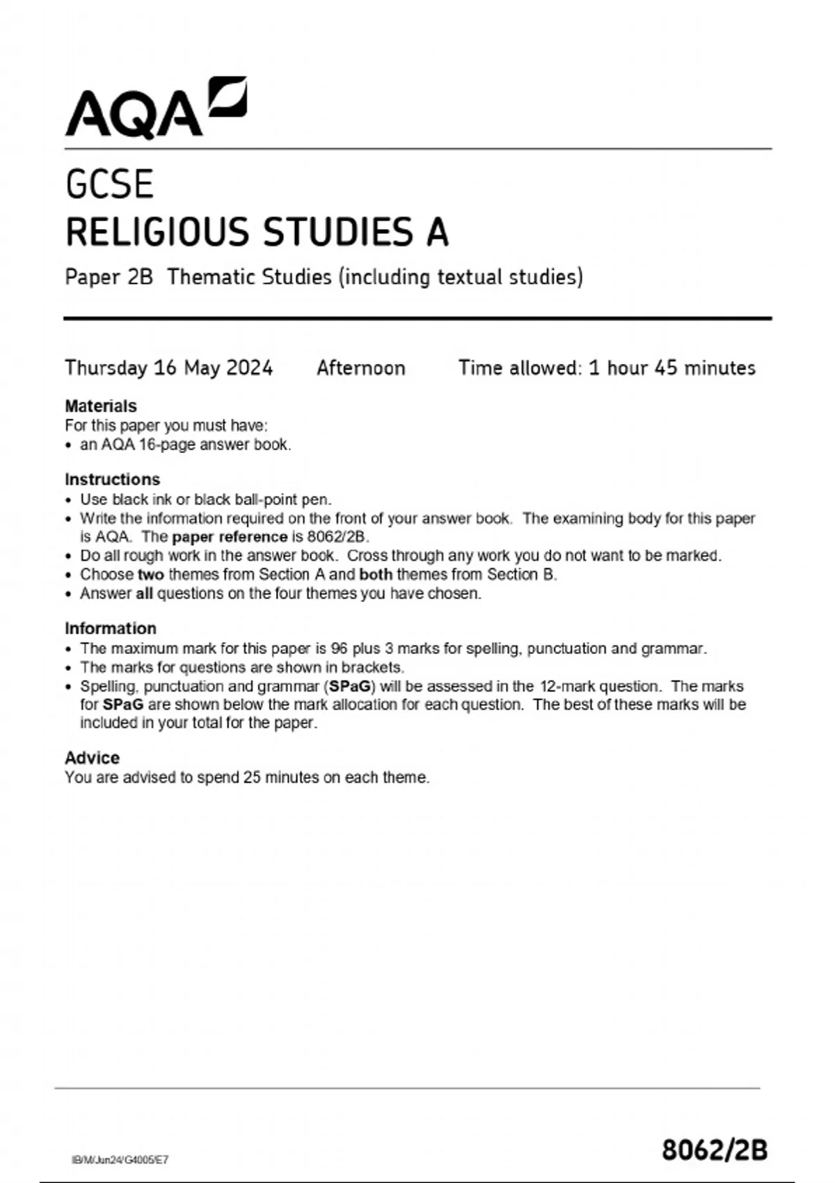 2024 AQA GCSE RELIGIOUS STUDIES A Paper 2B Thematic Studies (including ...
