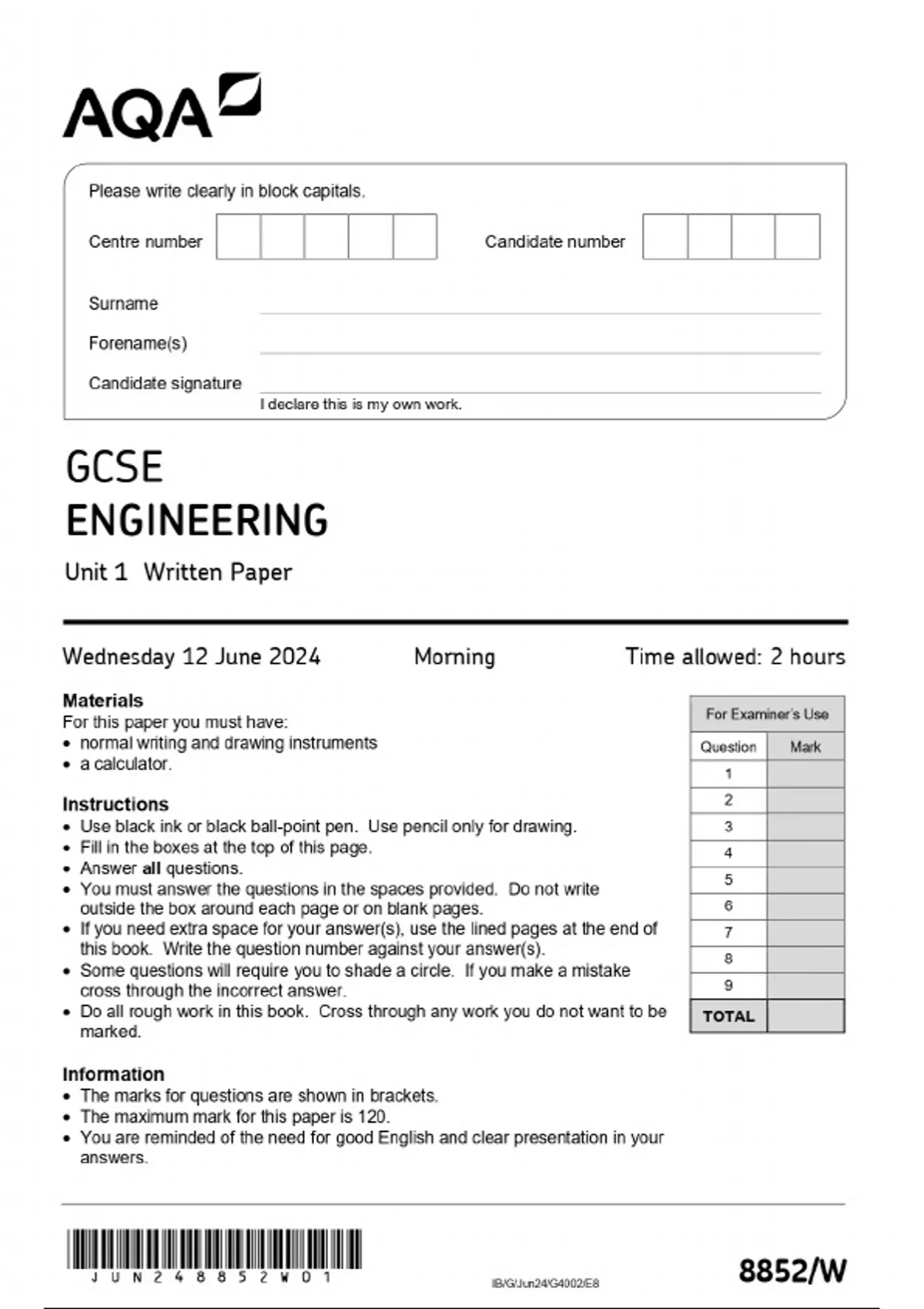 2024 AQA GCSE ENGINEERING Unit 1 Written Paper Combined Question Paper ...