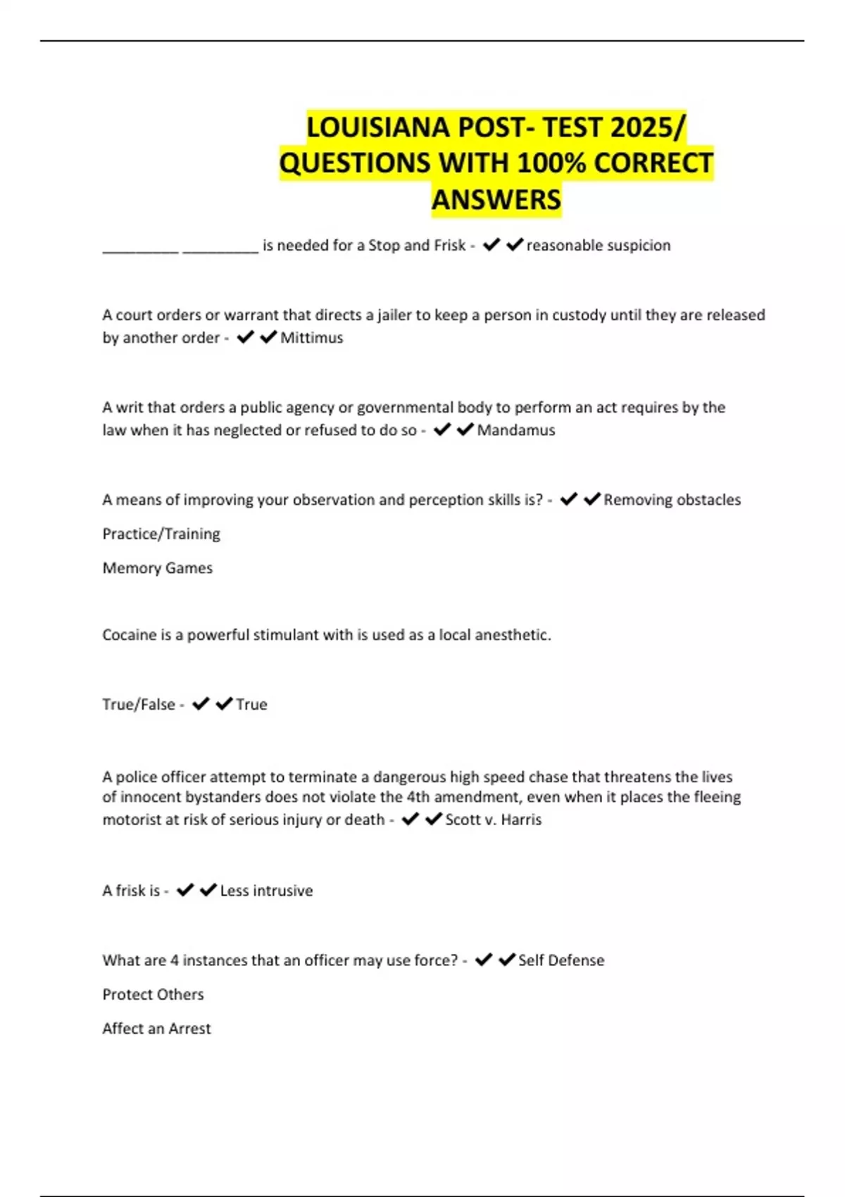 LOUISIANA POST- TEST 2025/ QUESTIONS WITH 100% CORRECT ANSWERS ...
