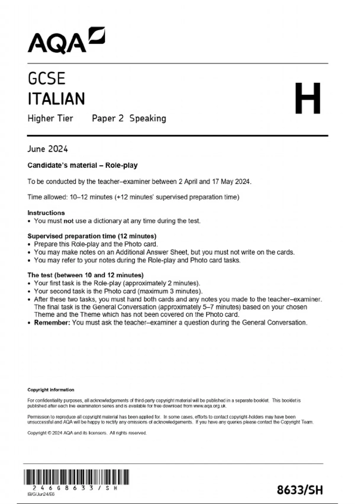 2024 AQA GCSE ITALIAN Higher Tier Paper 2 Speaking Combined Question ...