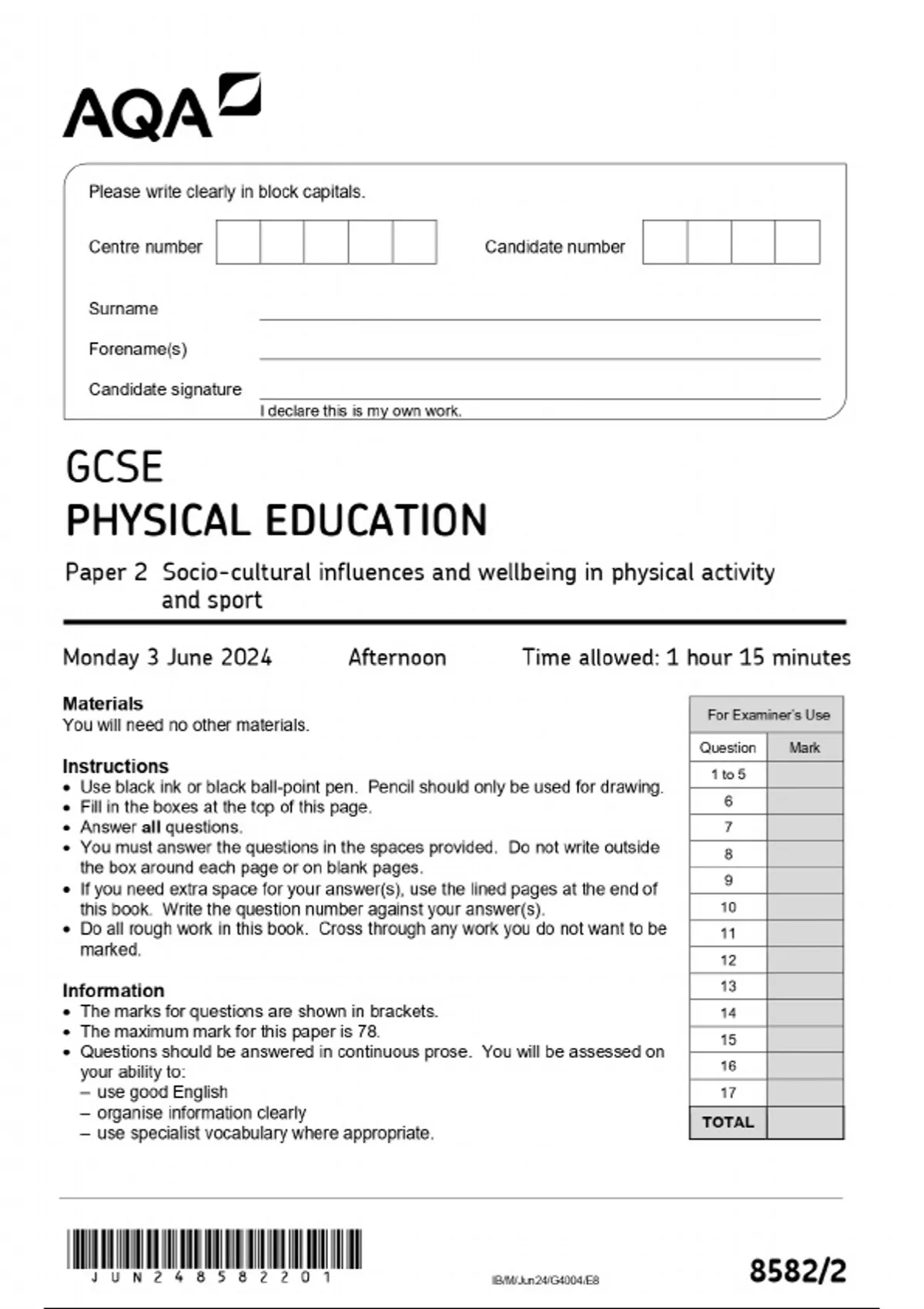 2024 AQA GCSE PHYSICAL EDUCATION Paper 2 Socio-cultural influences and ...