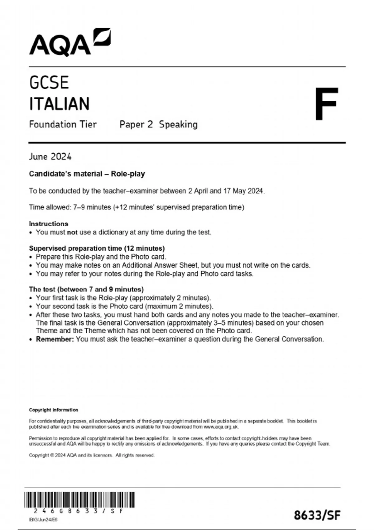 2024 AQA GCSE ITALIAN Foundation Tier Paper 2 Speaking Combined ...