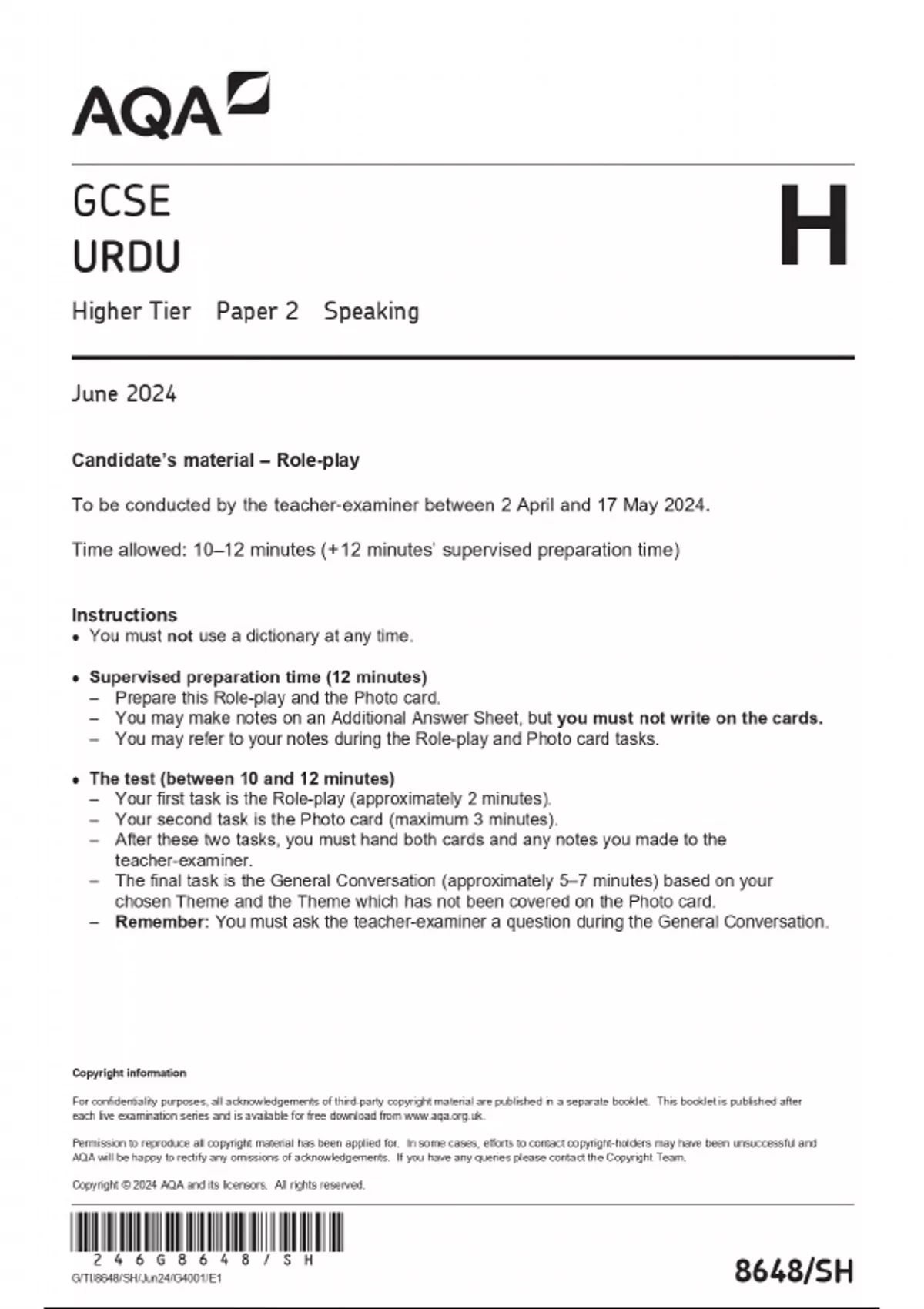 2024 AQA GCSE URDU Higher Tier Paper 2 Speaking Combined Question Paper ...