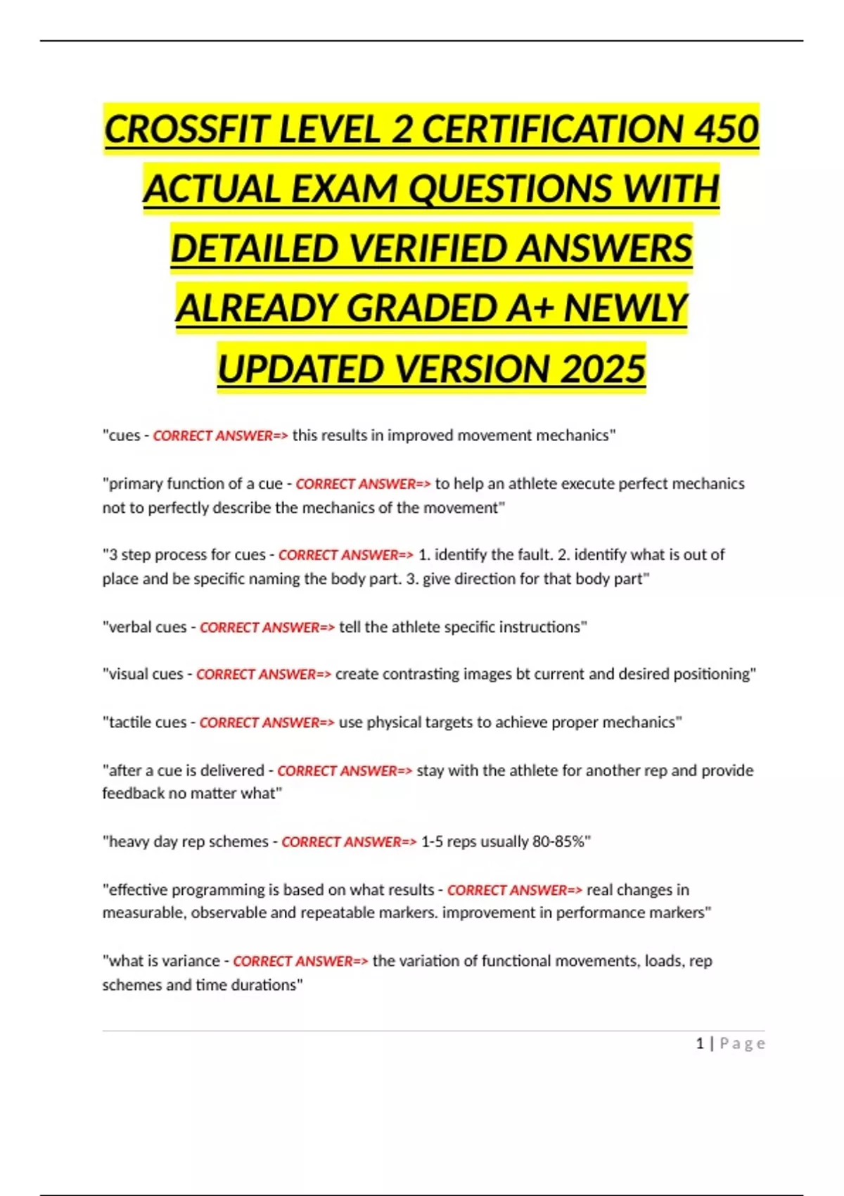 CROSSFIT LEVEL 2 CERTIFICATION 450 ACTUAL EXAM QUESTIONS WITH DETAILED ...