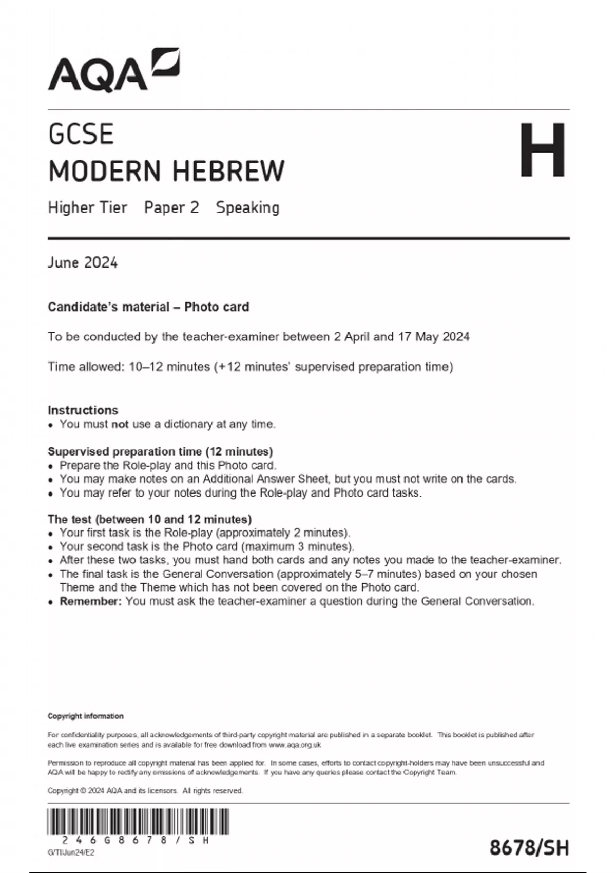 2024 AQA GCSE MODERN HEBREW Higher Tier Paper 2 Speaking Combined ...