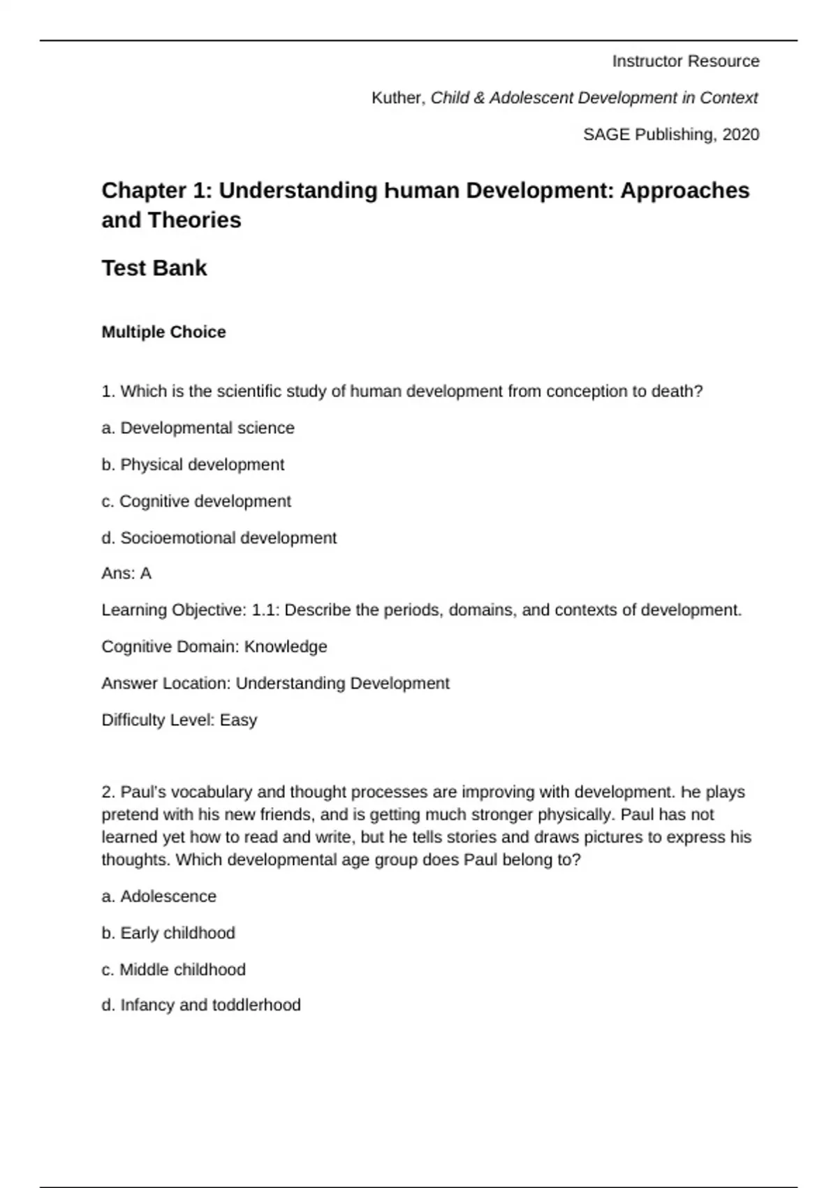 Test Bank, Quizzes: Child and Adolescent Development in Context,Kuther ...