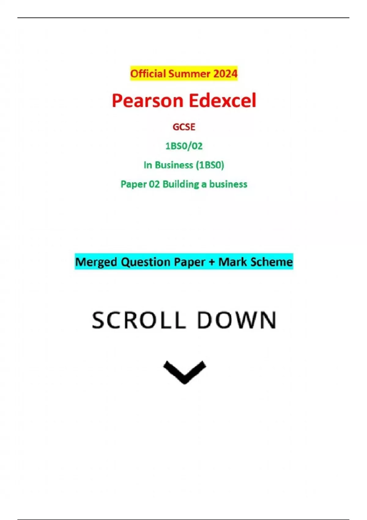 Official Summer 2024 Pearson Edexcel GCSE 1BS0/02 In Business (1BS0 ...