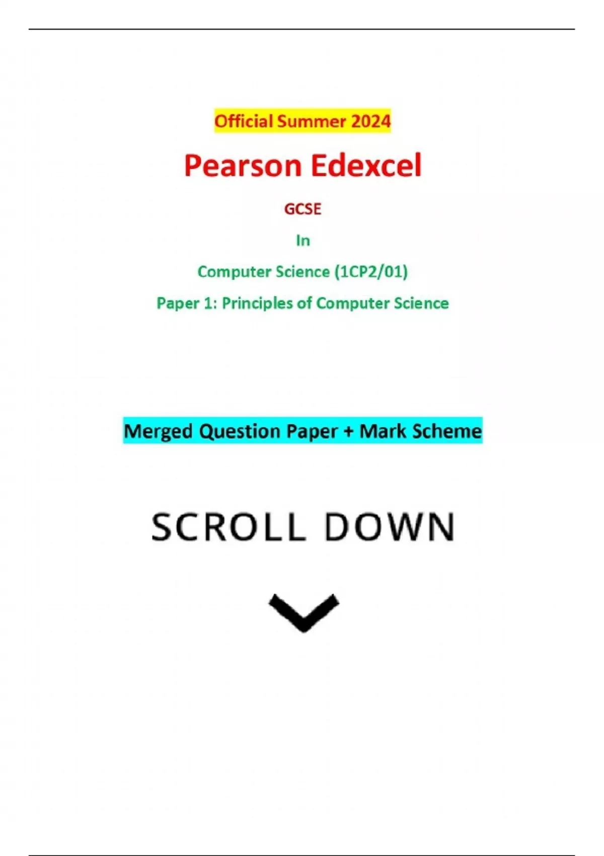Official Summer 2024 Pearson Edexcel GCSE In Computer Science (1CP2/01 ...