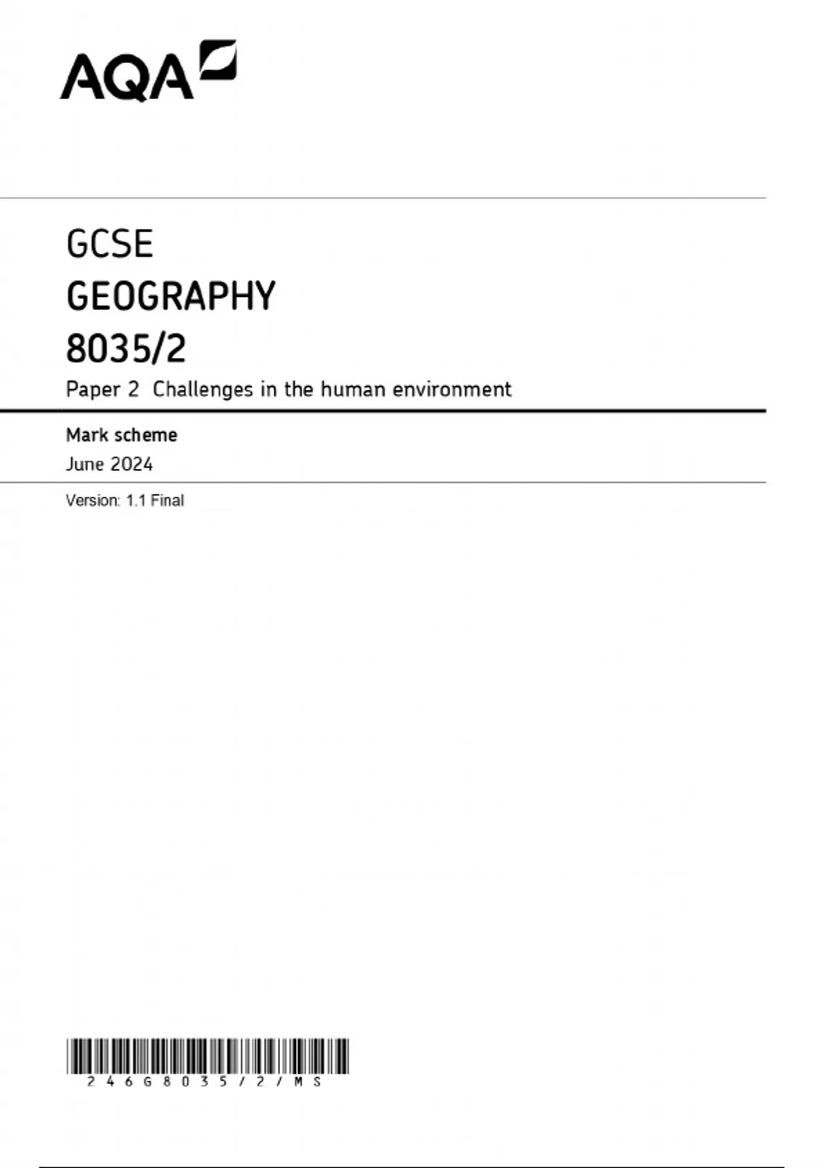 2024 AQA GCSE GEOGRAPHY 8035/2 Paper 2 Challenges in the human ...