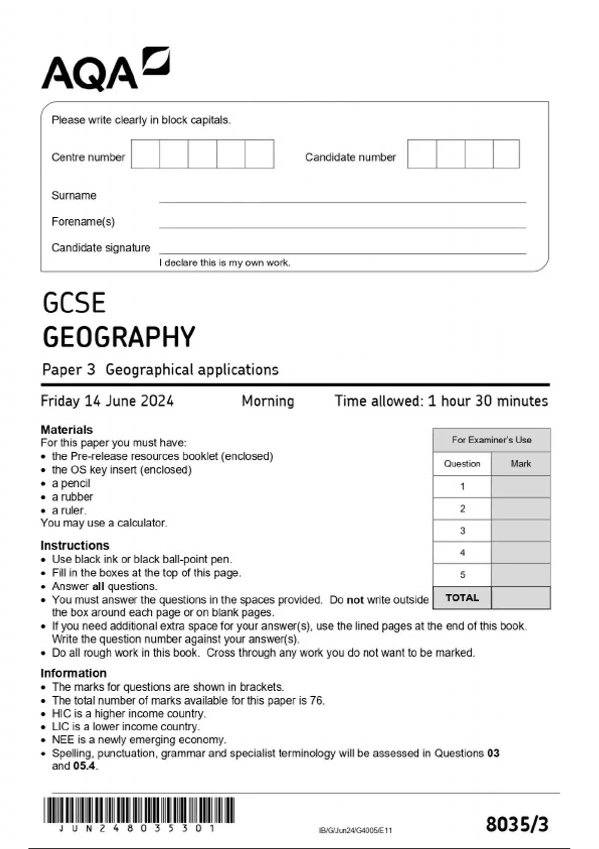 2024 AQA GCSE GEOGRAPHY Paper 3 Geographical applications Combined ...